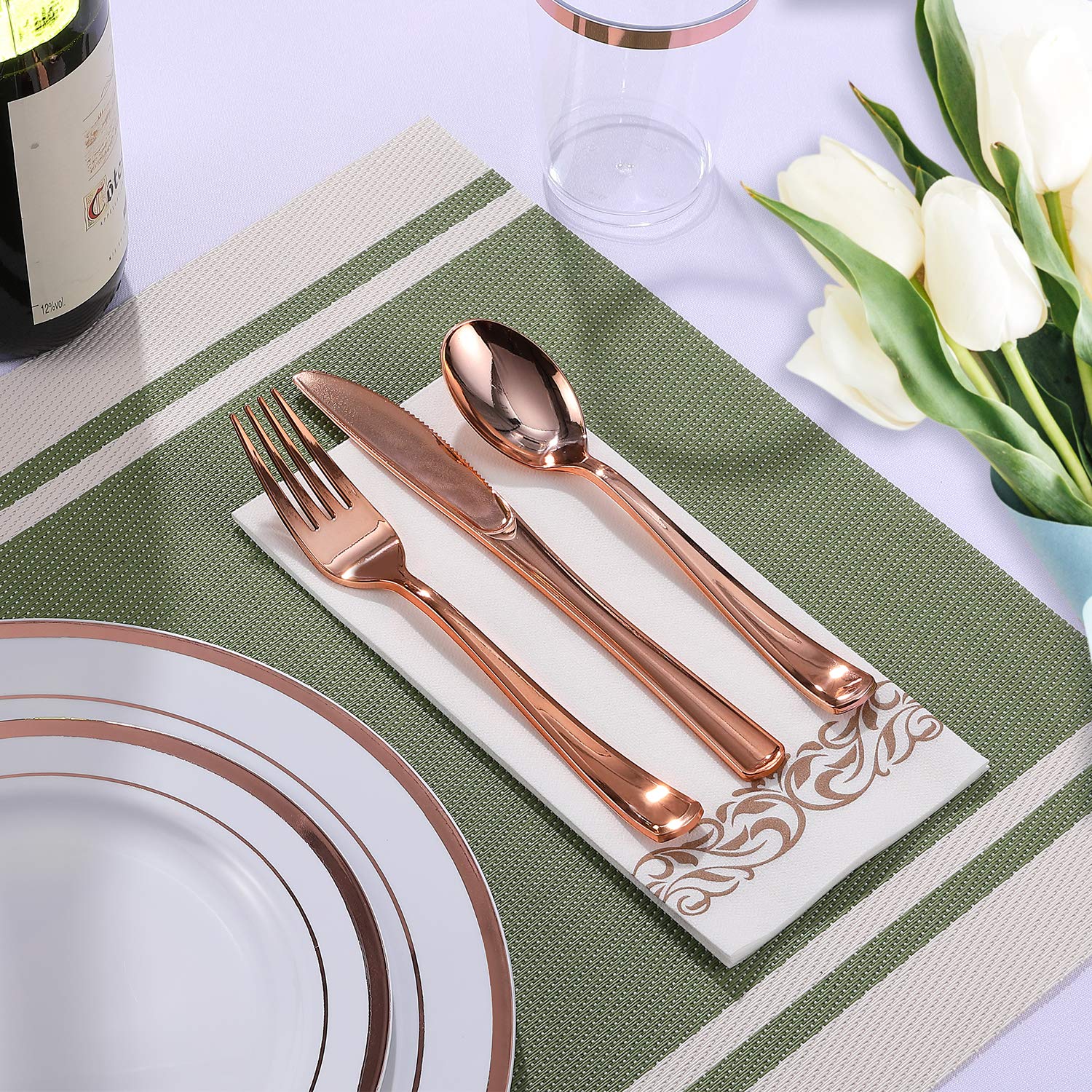 FOCUS LINE 350 Piece Disposable Rose Gold Dinnerware Set for Party or ...