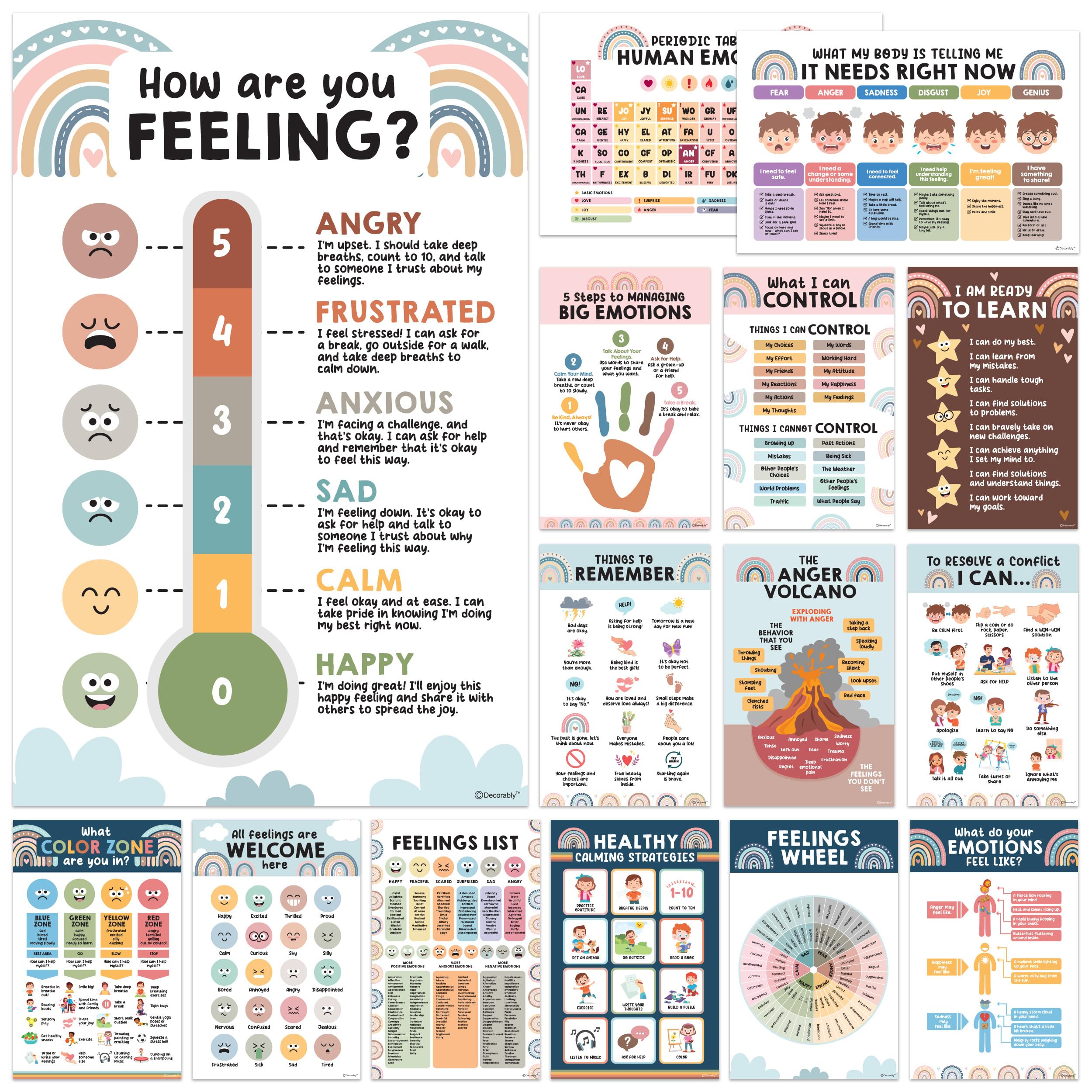 Decorably 15 Social Emotional Learning Posters, 11x17in Matte-Laminated ...