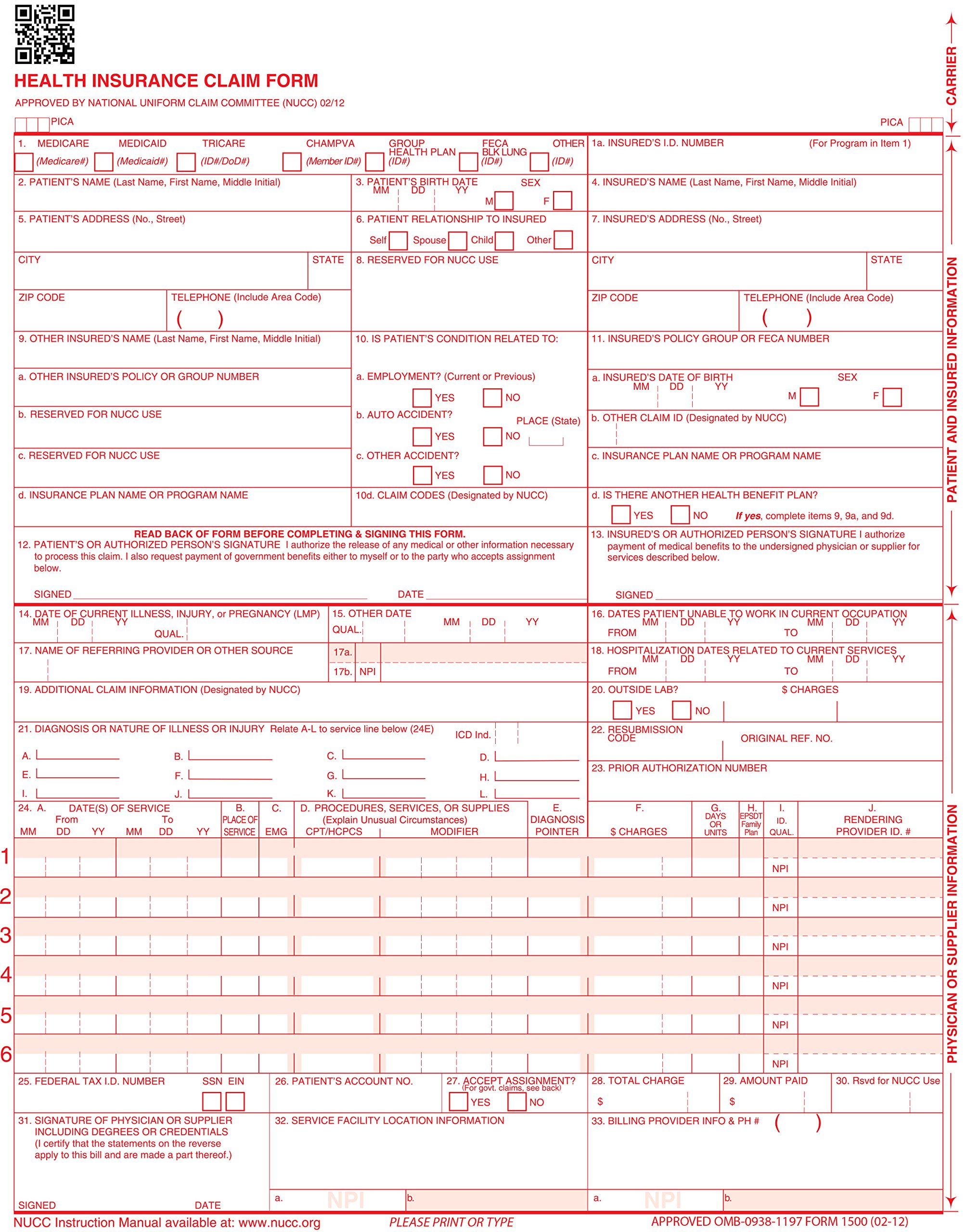 CMS 1500 Claim Forms ICD 10 HCFA Version 02 12 Health Insurance