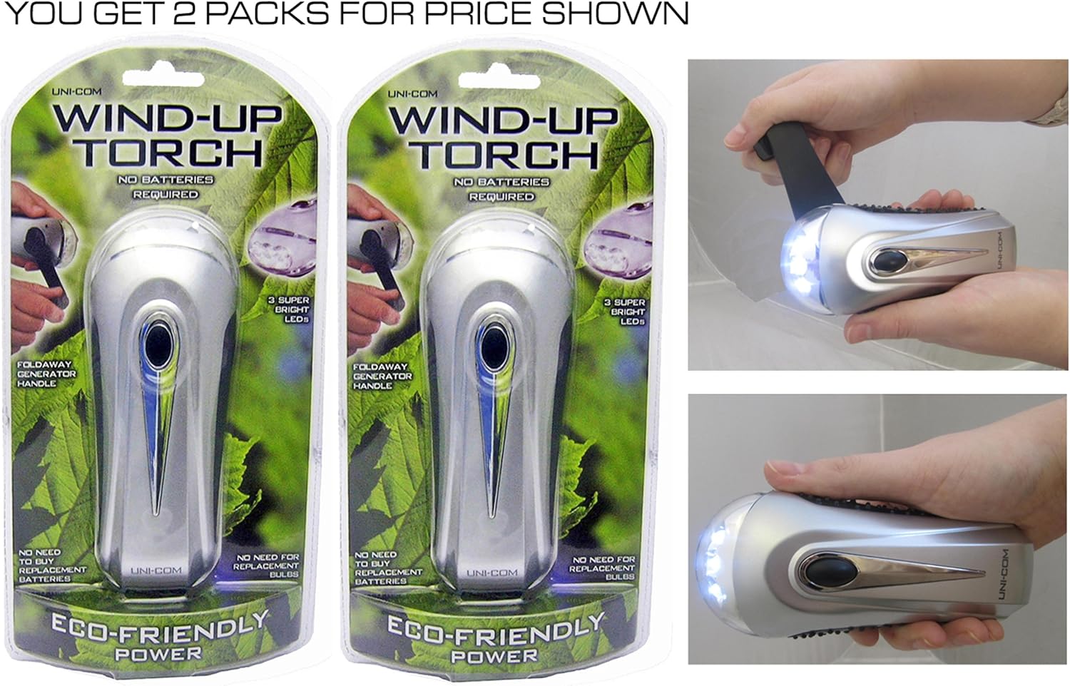 UNICOM WIND UP TORCH - 3 SUPER BRIGHT LED'S - TWO TORCHES SUPPLIED ...