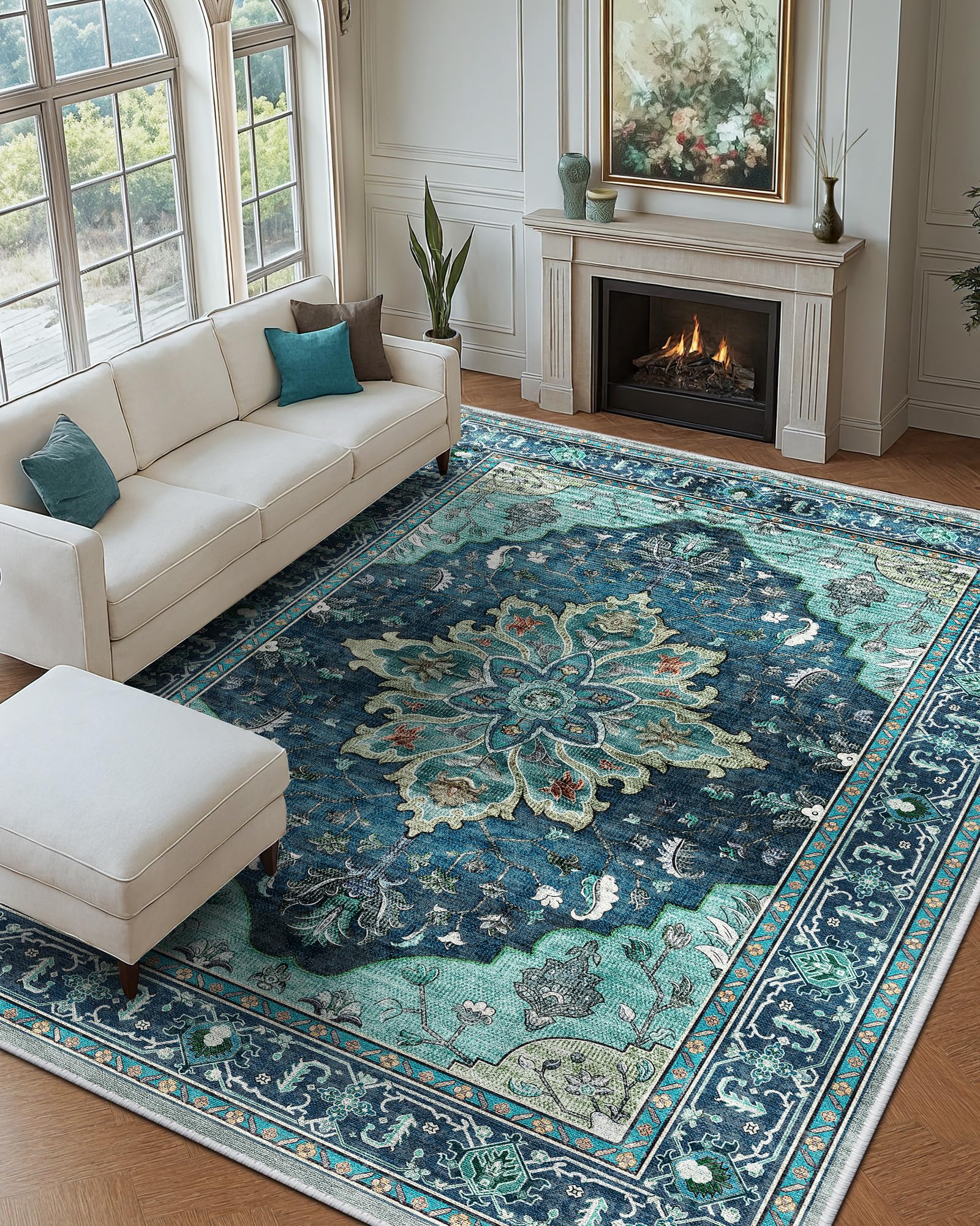 RELEANY Area Rugs 9'x12' Washable Non-Slip, Floral Vintage Distress ...