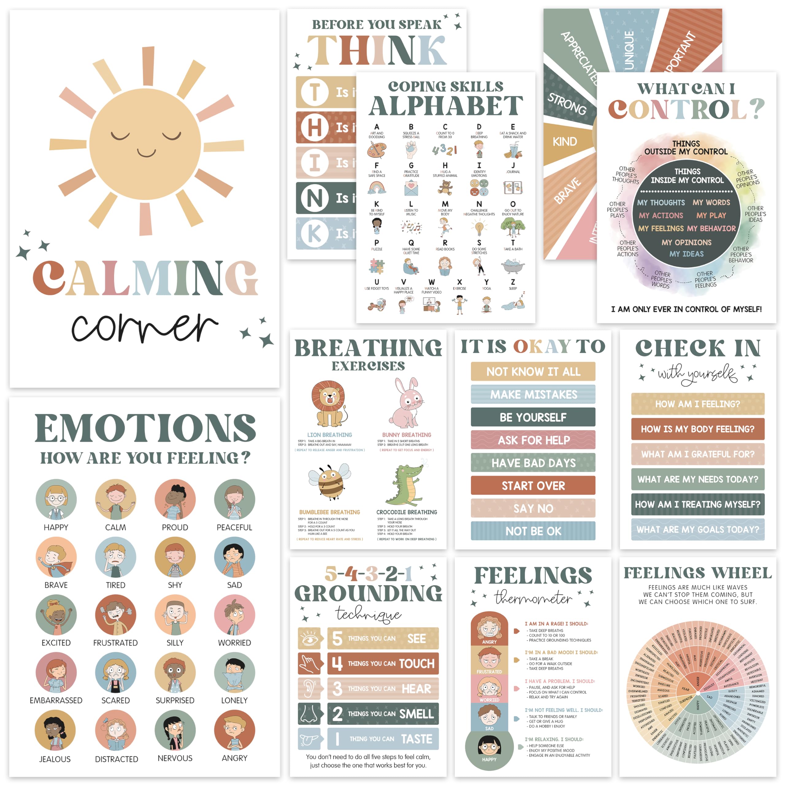 12 Retro Calming Corner Classroom Posters (10x14) - Feelings Wheel ...
