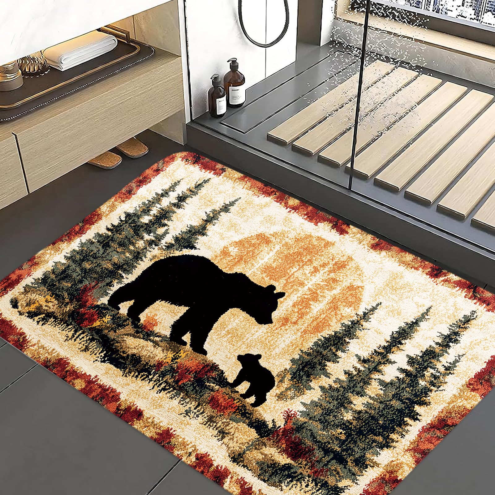 Bear Rug Mat Farmhouse Bathroom Rugs Animal Black Bear Forest Trees ...
