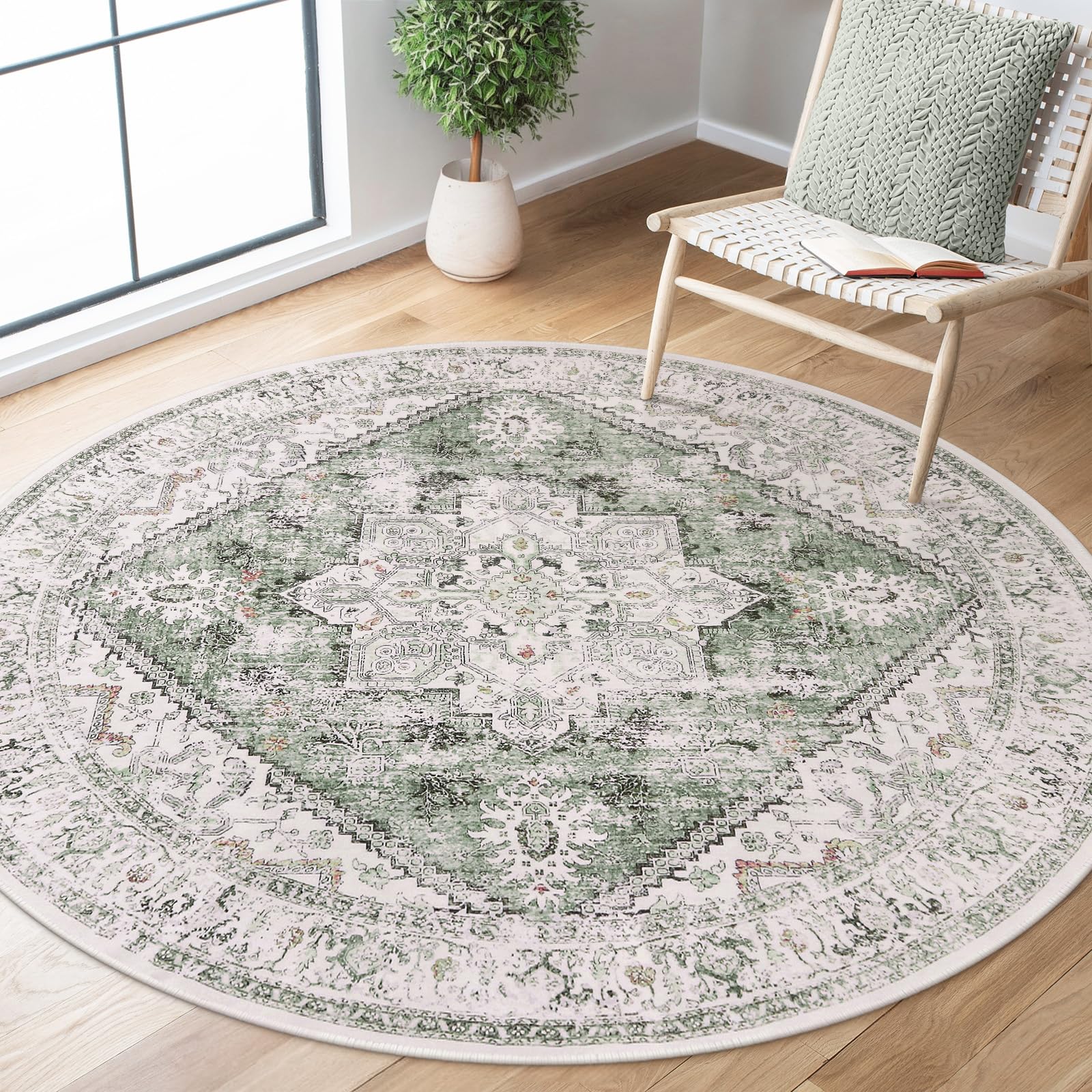 LIVEBOX Medallion Round Area Rug 5ft, Vintage Washable Sage Green ...