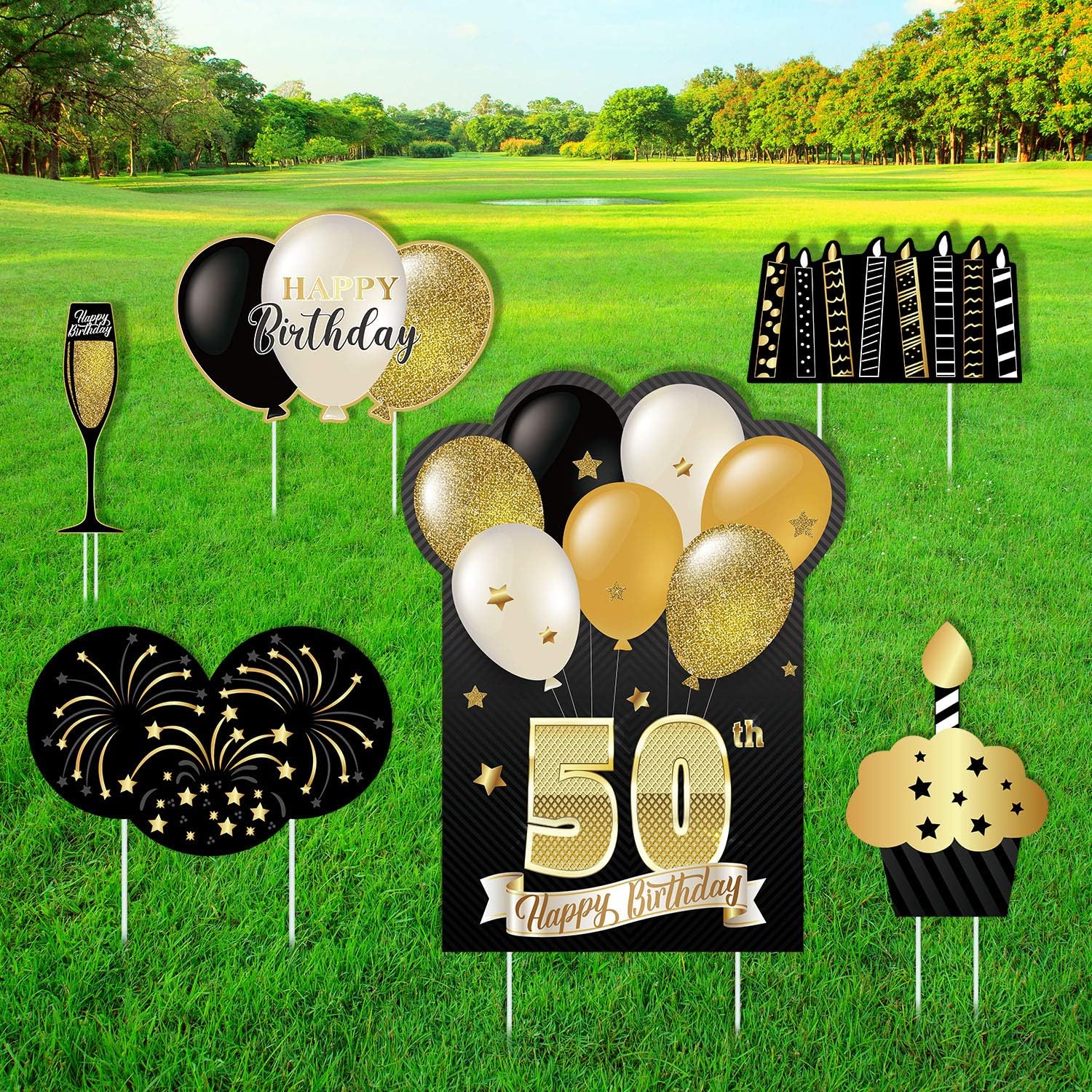 PLULON 50th Happy Birthday Yard Lawn Sign with Stake, 6Pcs Black Gold ...