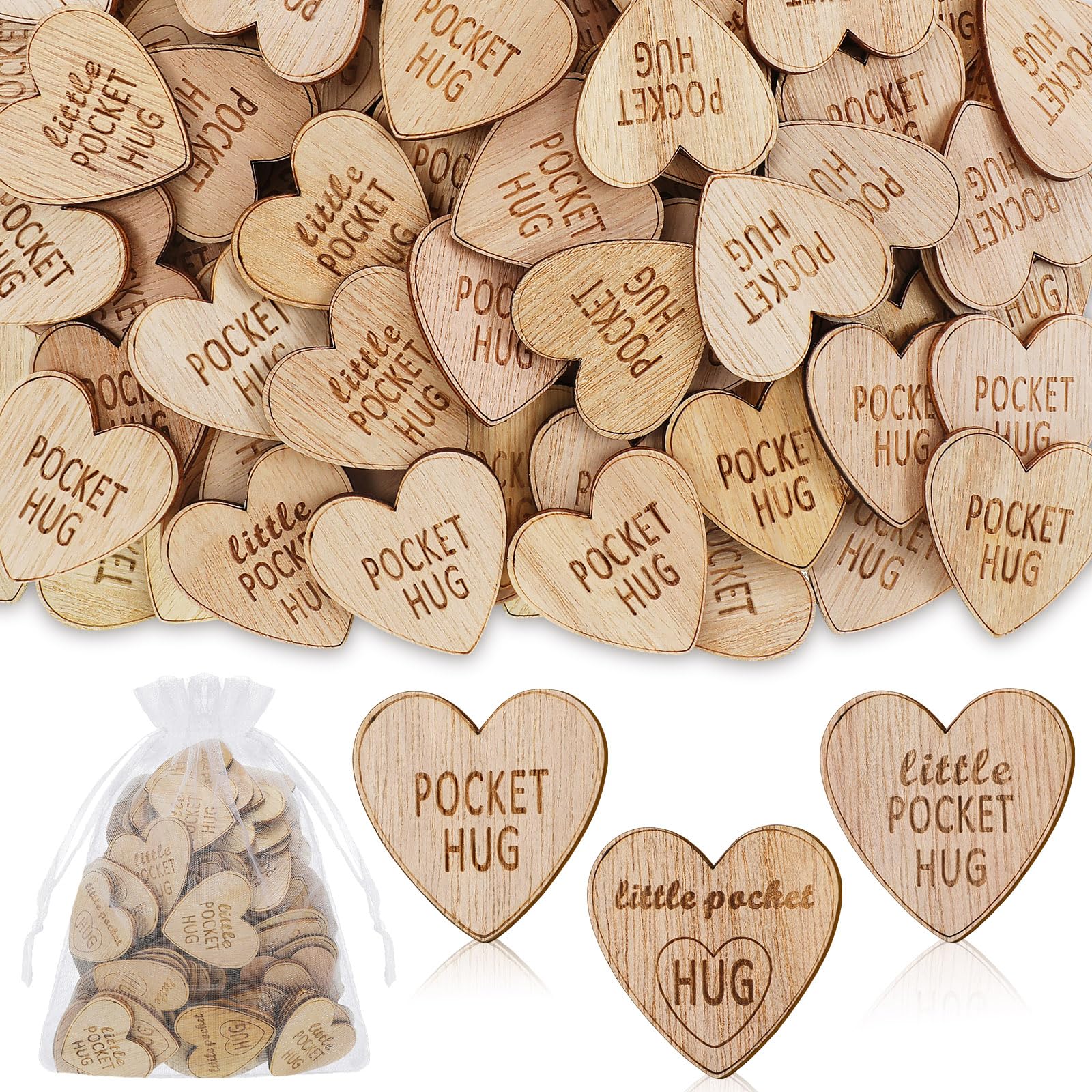 CroBlissful 150 Pcs Wooden Pocket Hug Token Bulk with 3 Pcs Organza ...