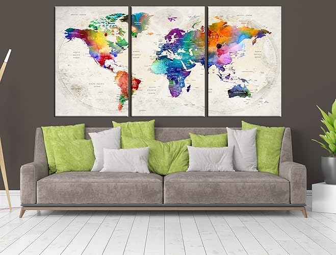 Amazon.com: 3 Panel World Map Canvas Print, World Map for Travel ...