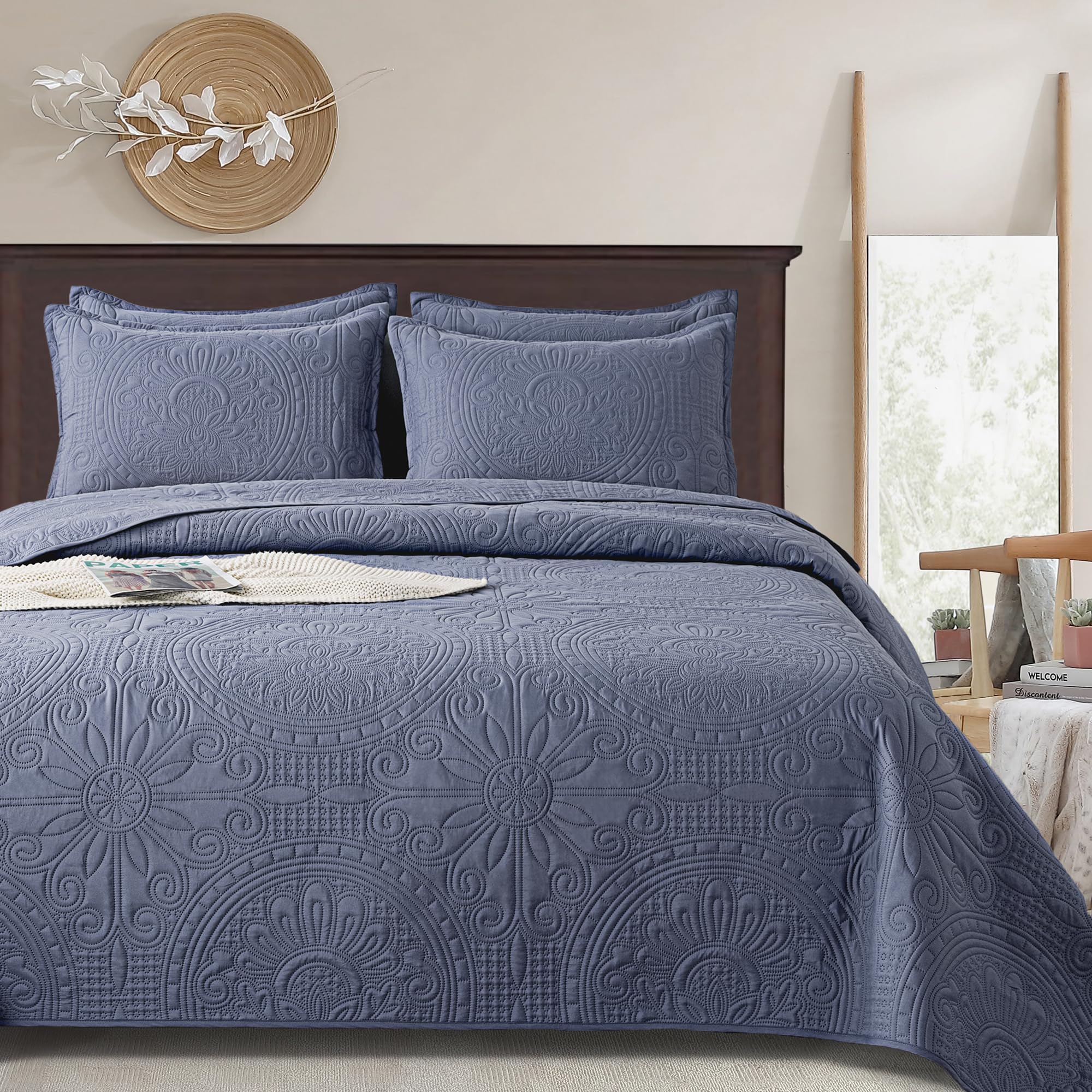 annadaif King Size Quilt Bedding Set (106x96 Inch) Blue Bedspreads, 3 ...
