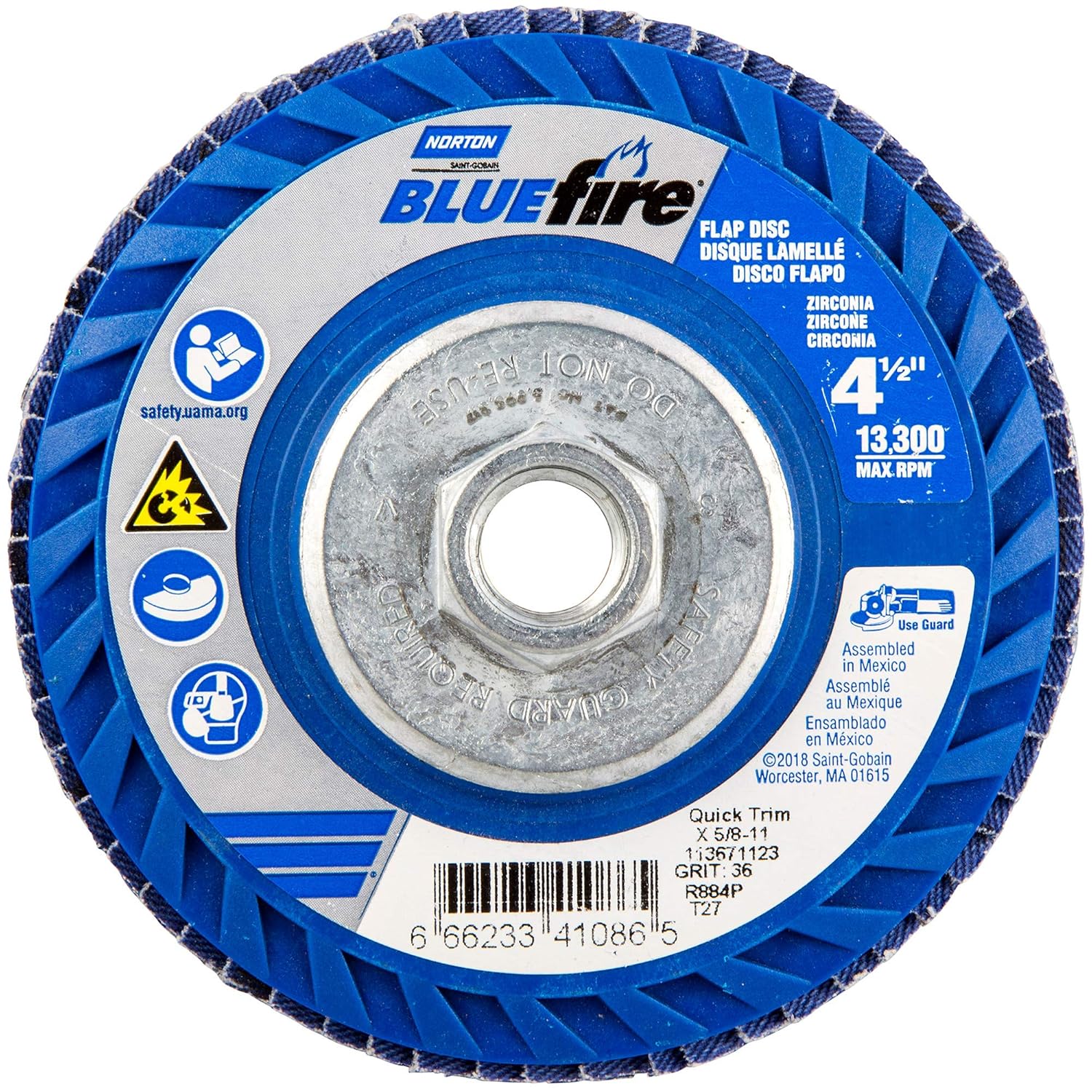 Norton BlueFire R884P Type 27 Flat Flap Abrasive Disc, 5/8-11 Arbor ...