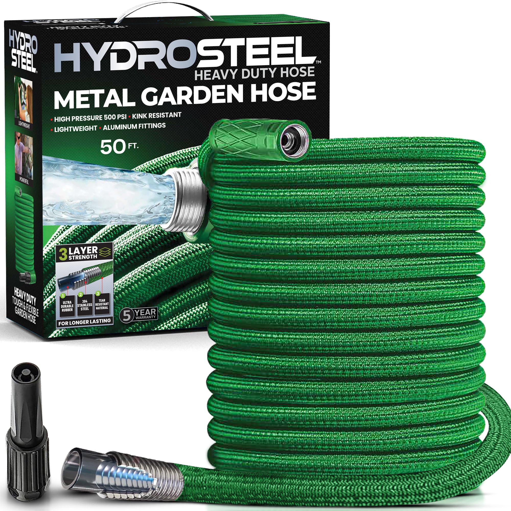 HYDROSTEEL Metal Garden Hose 50 Ft with Nozzle, 3x Layer Stainless ...
