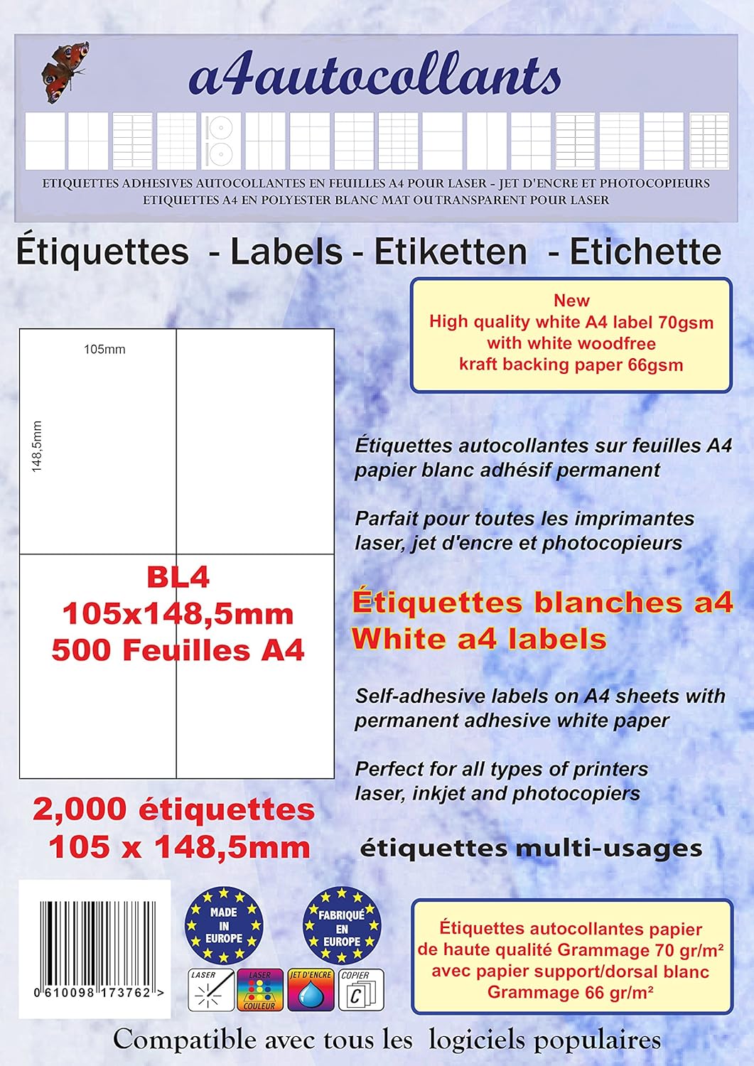 2,000 étiquette autocollantes A6 105 x 148,5mm - 500 feuilles A4 pour ...