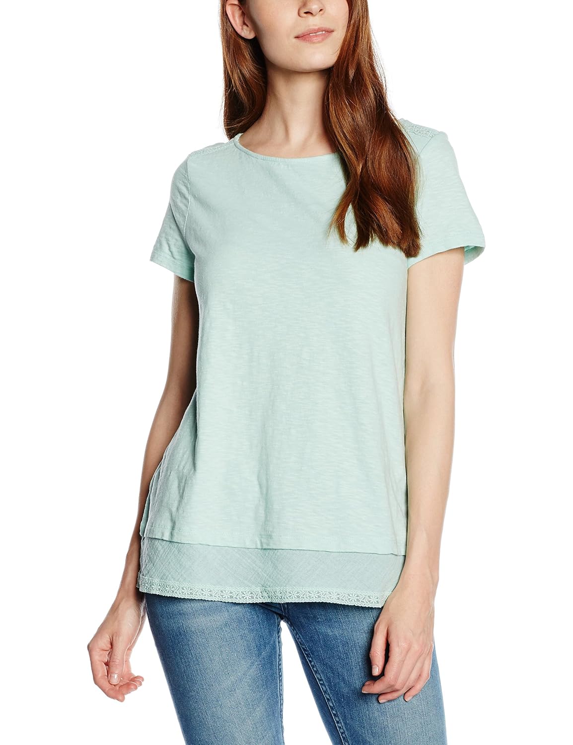 ESPRIT Damen T-Shirt 056EE1K001-mit Spitze, Türkis (Light Aqua Green ...
