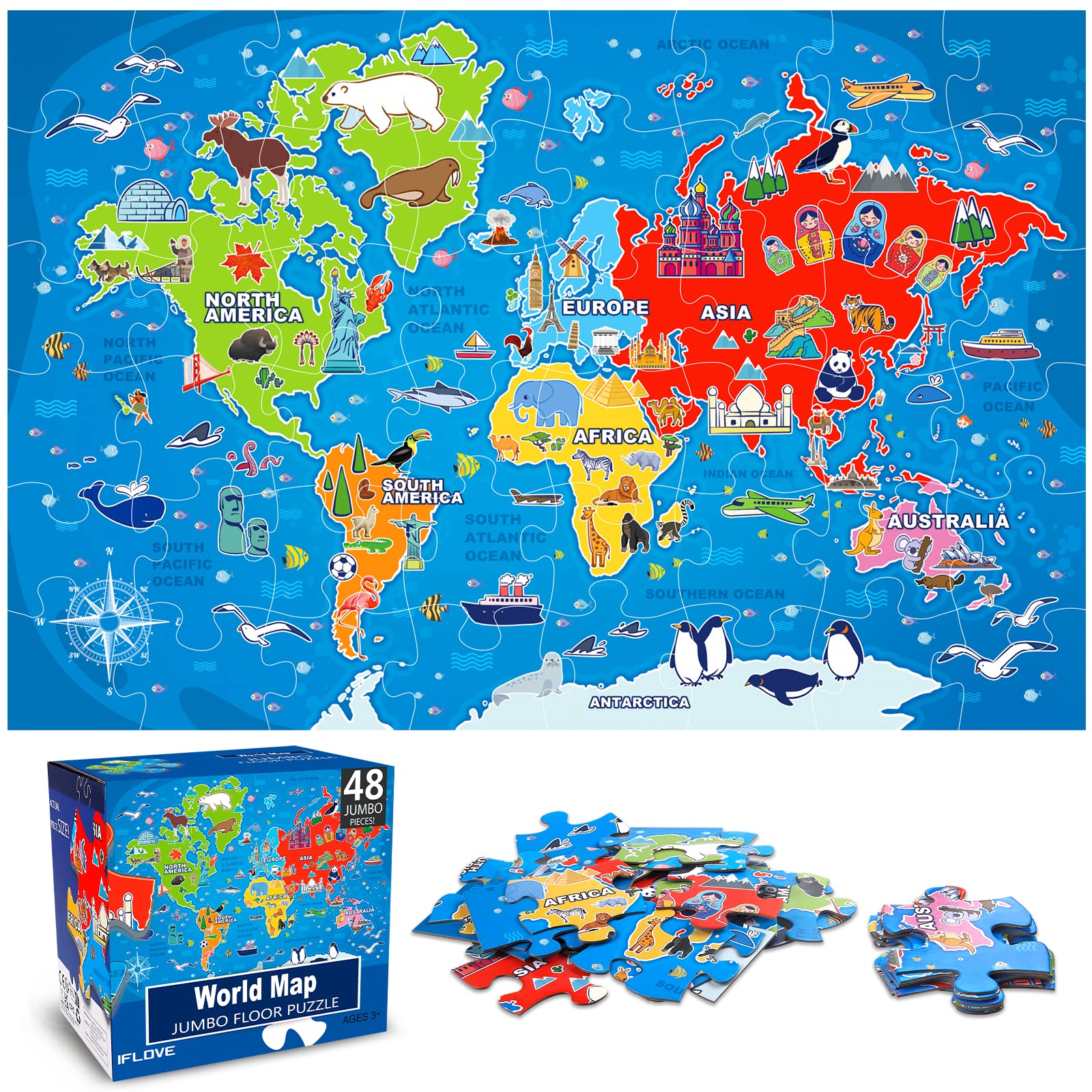Jumbo Floor Puzzle for Kids,World Map Puzzle Jigsaw Geography Puzzles ...