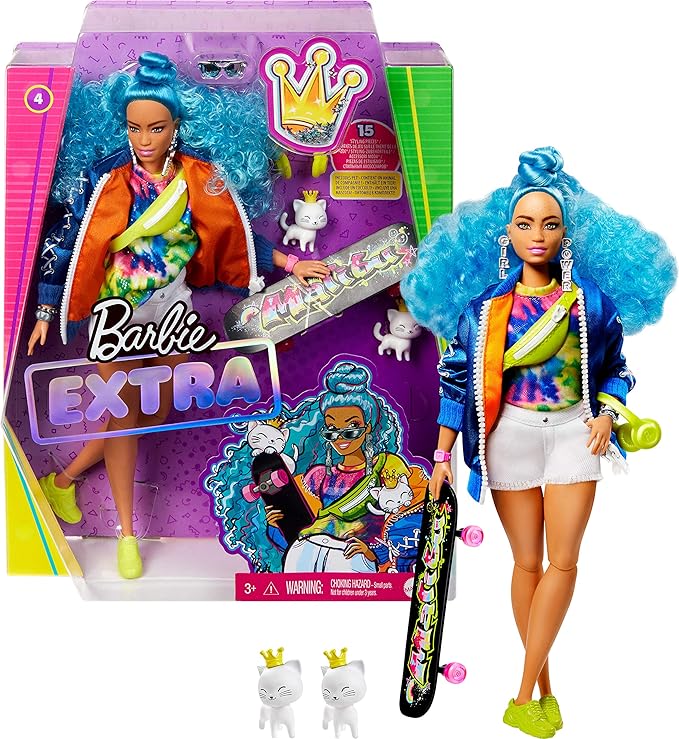 Barbie Fashionista, Extra Cabello Azul Ondulado, Muñeca para niñas de 3 ...