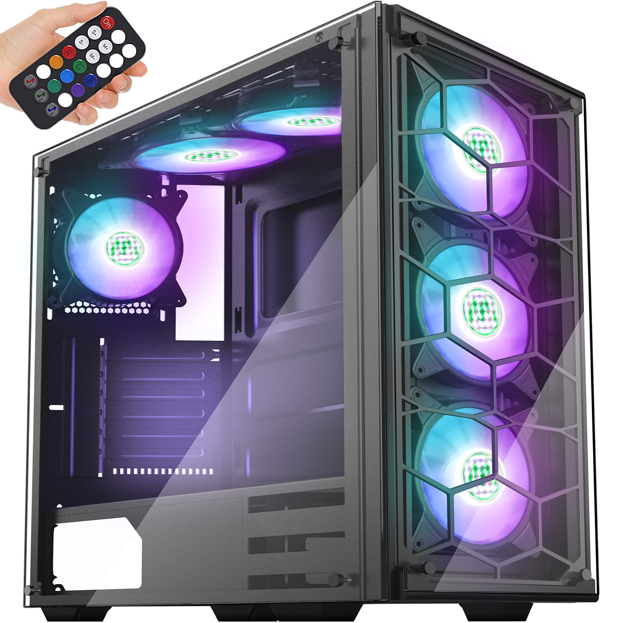MUSETEX ATX Mid-Tower Case 907 Phantom Black, 6 ARGB Fans USB3.0 ...