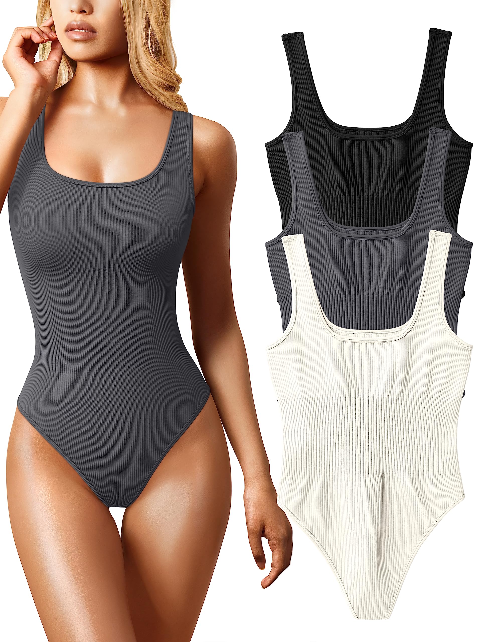 OQQ Women's 3 Piece Bodysuits Sexy Ribbed Sleeveless Square Neck Sleeveless Tank Tops Bodysuits ...