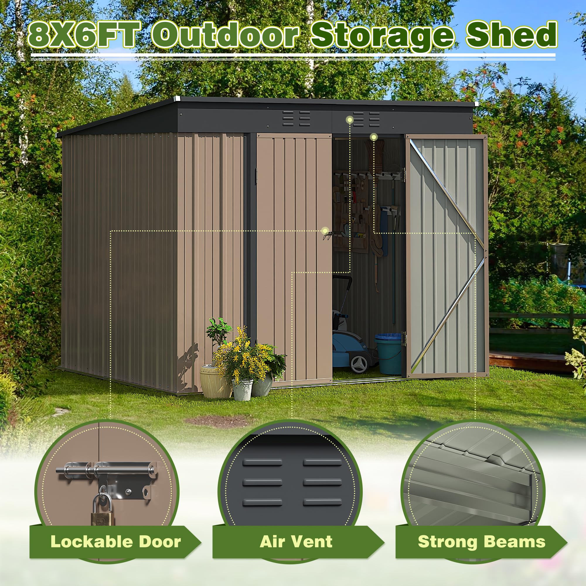 Greesum Outdoor Storage Shed 8FT X 6FT, Steel Utility Tool Shed Storage ...