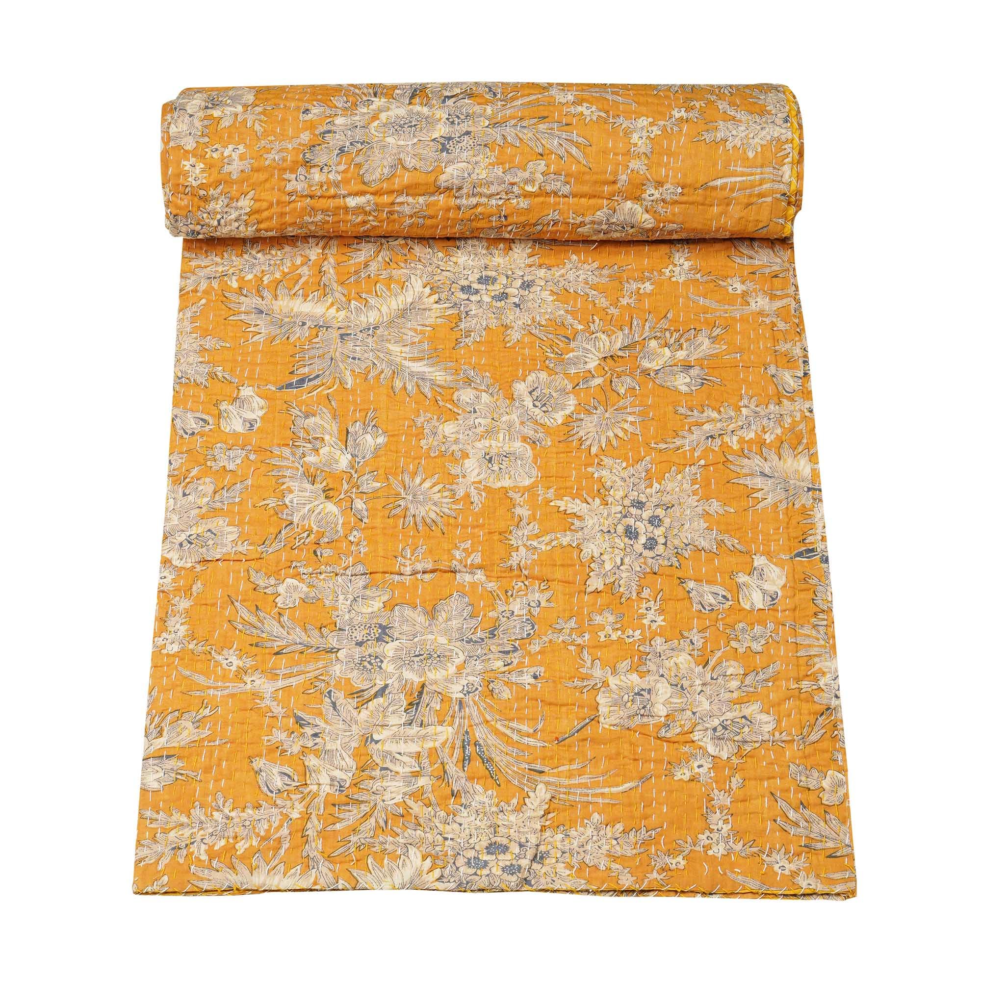 Marubhumi Indian Traditional Pure Cotton Floral Print Kantha Quilt, Bed ...