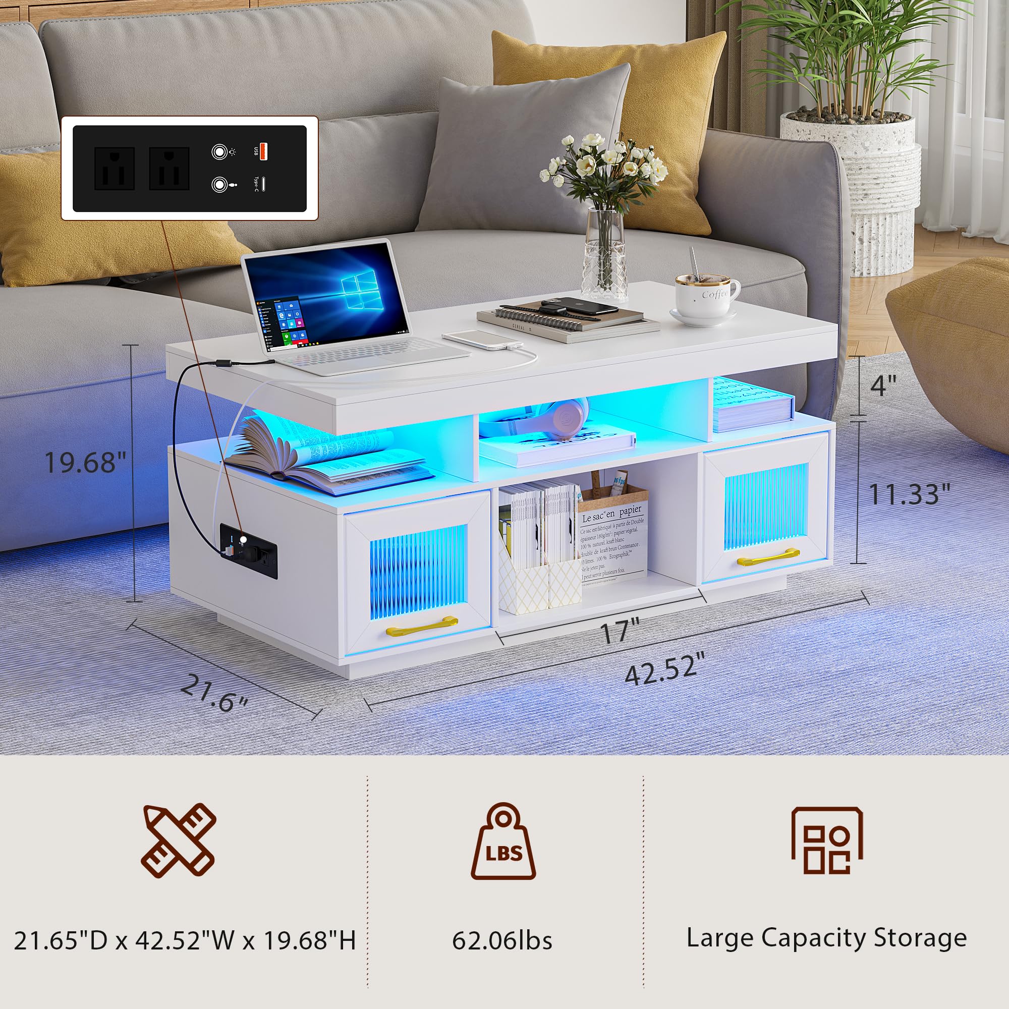 Mua LED Coffee Table with Charging Station ＆ 4 Storage Spaces, Modern ...