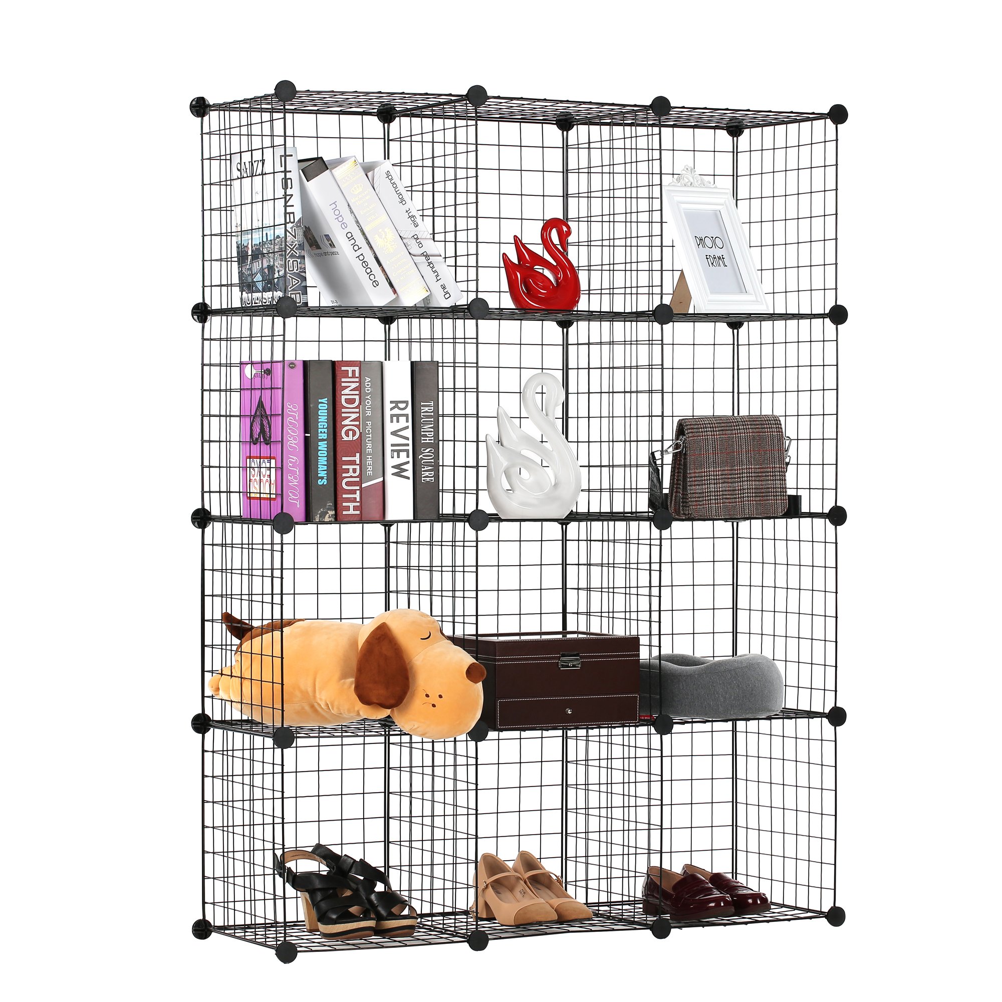 BASTUO 12 Cubes Wire Grid Storage Cabinet DIY Metal Bookcase Shelves ...