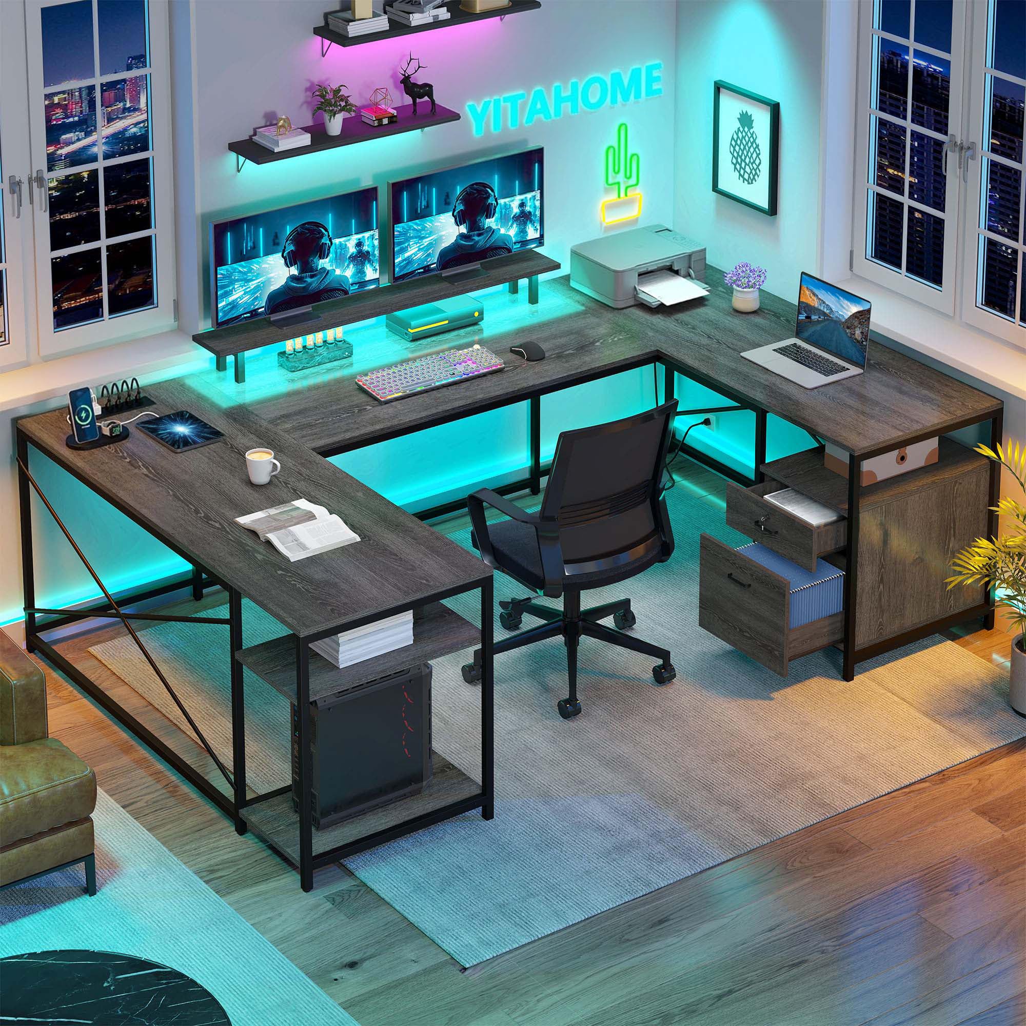 YITAHOME U Shaped Desk with Power Outlets & LED Lights, 79" Reversible ...