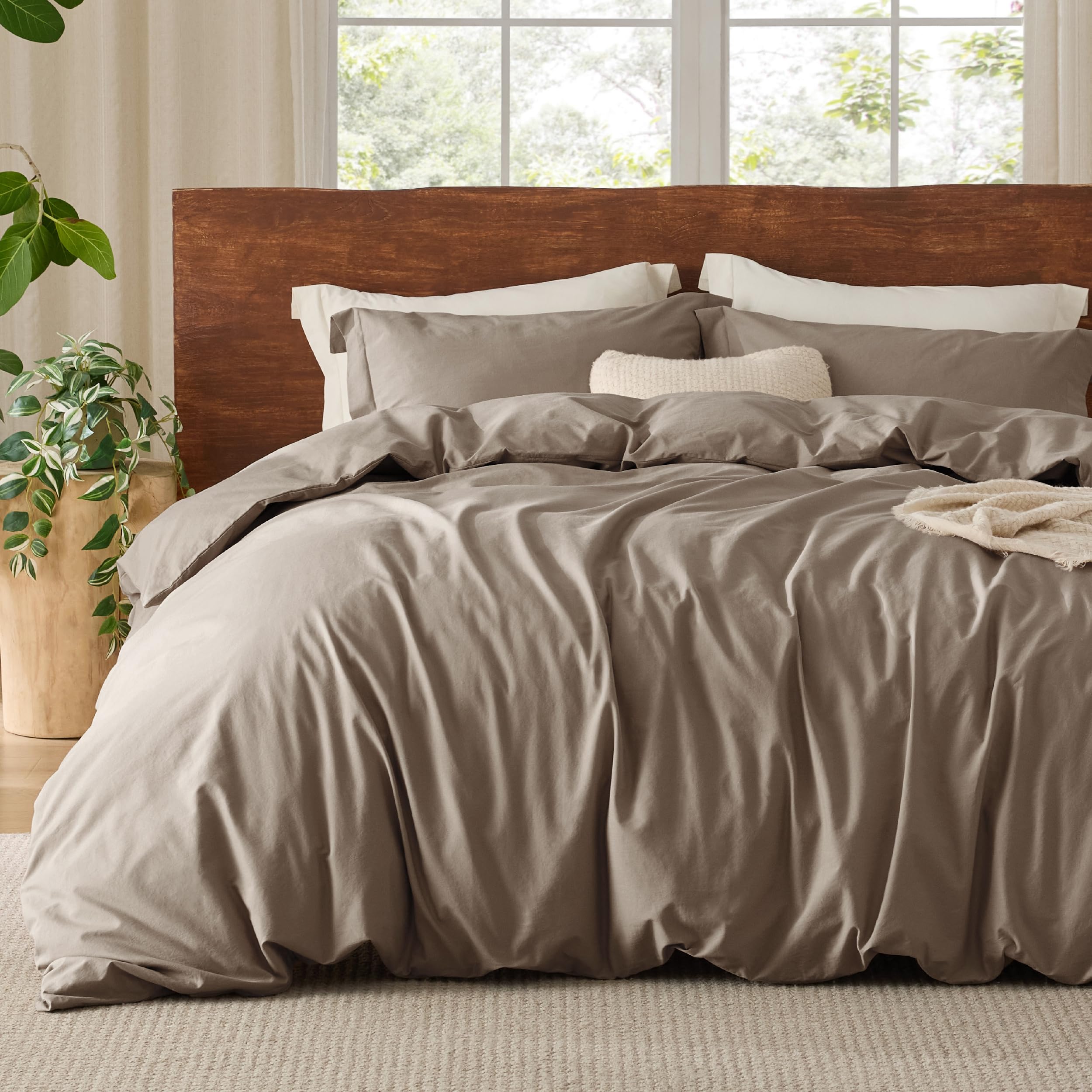 Bedsure 100% Washed Cotton Duvet Cover Queen - Taupe Minimalist Cotton ...
