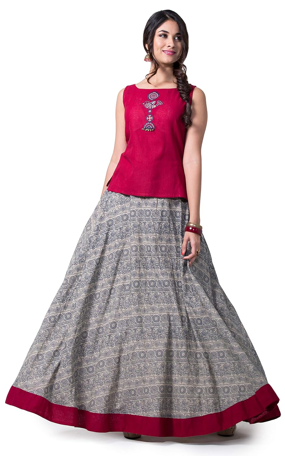 Maybell Women's Cotton Top with Embroidery Circular Skirt Set (Beige ...
