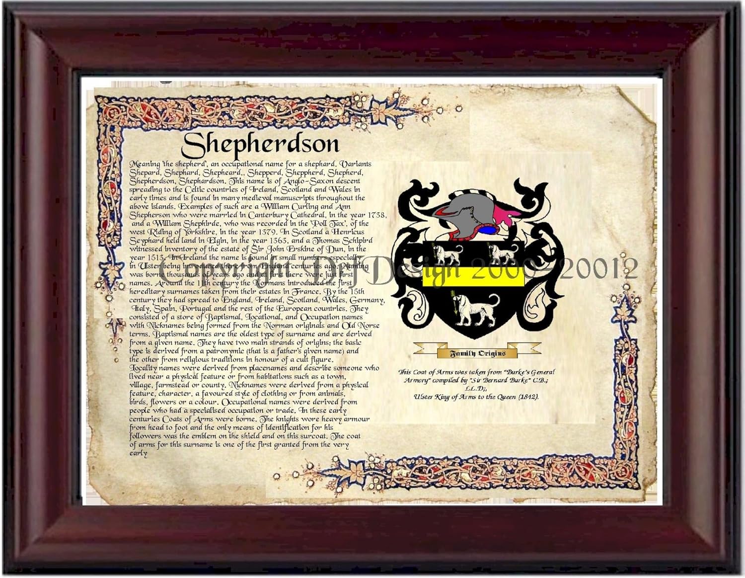 Shepherdson Coat of Arms/ Family Crest on Fine Paper and Family History ...