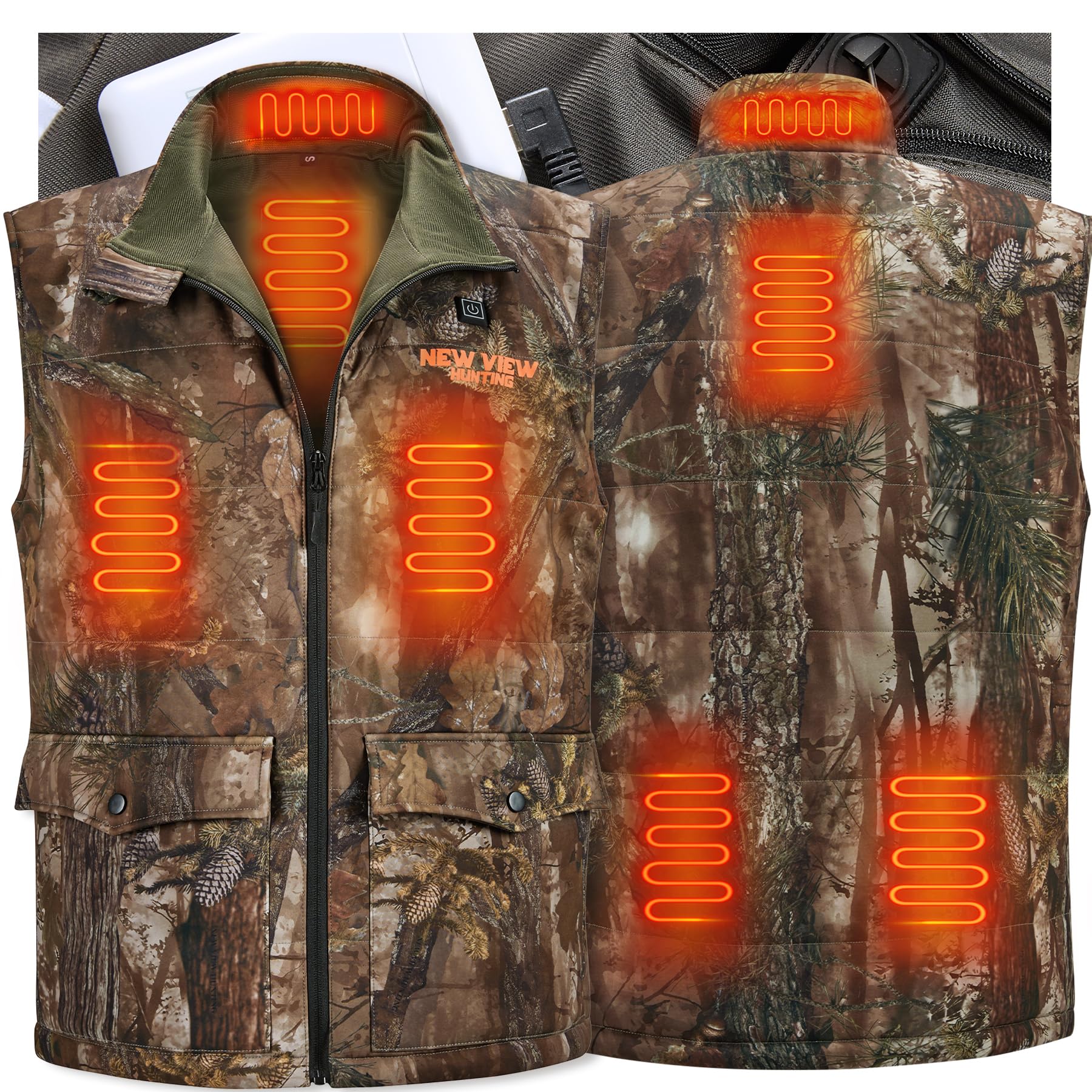 NEW VIEW Men's Camo Heated Vest with 10000mAh Battery Pack, USB Charged ...
