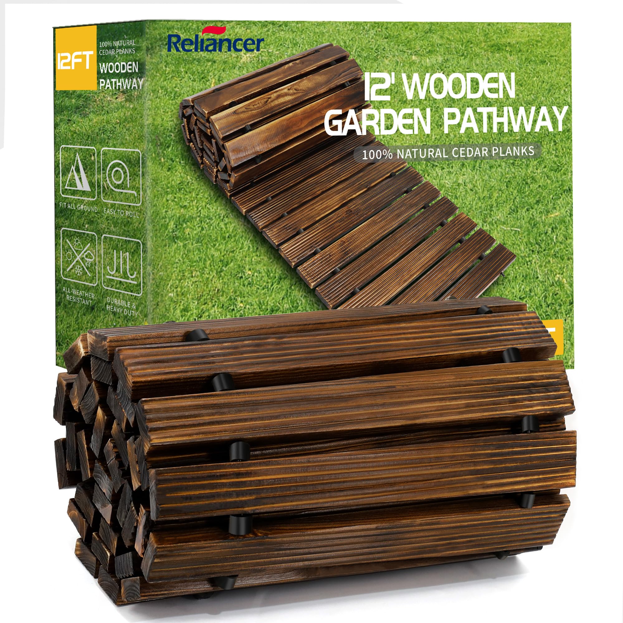 RELIANCER 12' Wooden Garden Pathway,Outdoor Roll Out Cedar Straight ...