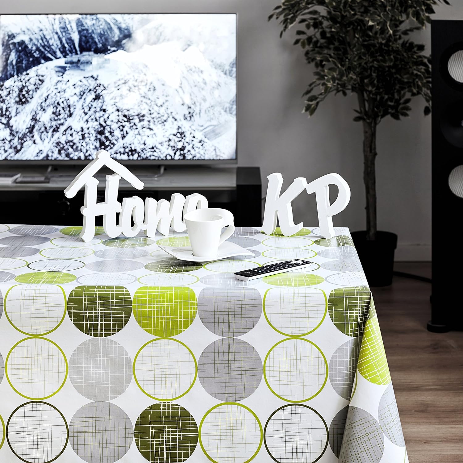 Tovaglie KP HOME Tovaglia Cerata in Vinile in Bianco con Moderno Cerchi Grigio e Verde ...