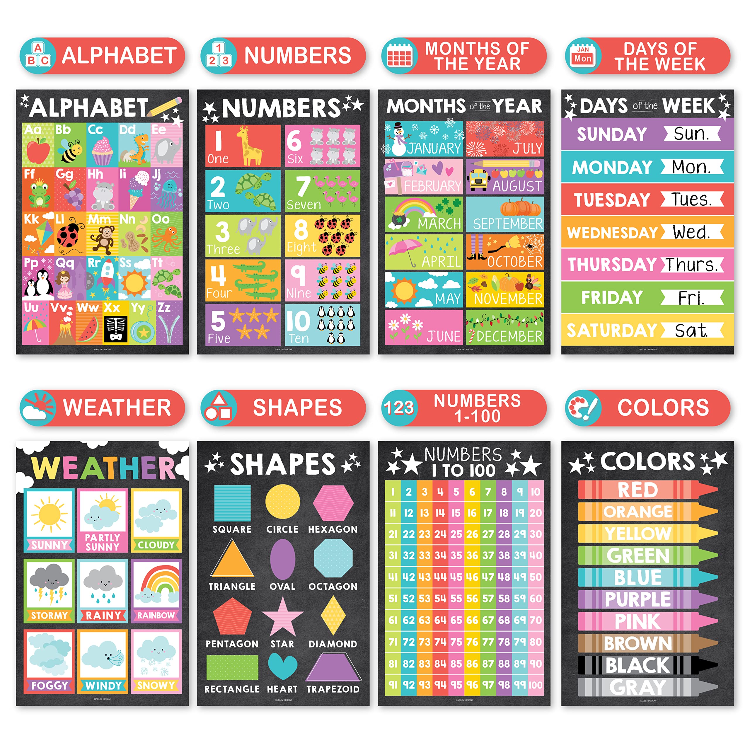 Mua Hadley Designs 16 Colorful Kids Educational Posters For Toddlers 1 ...