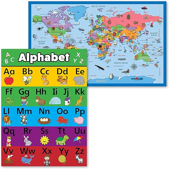 Amazon.com : 2 Pack - World Map Poster for Kids [Illustrated] + ABC ...