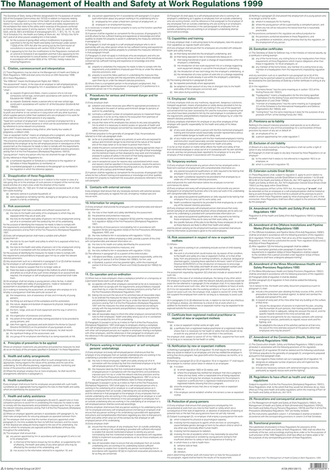 The Management of Health & Safety at Work Regulation A1 Poster ...