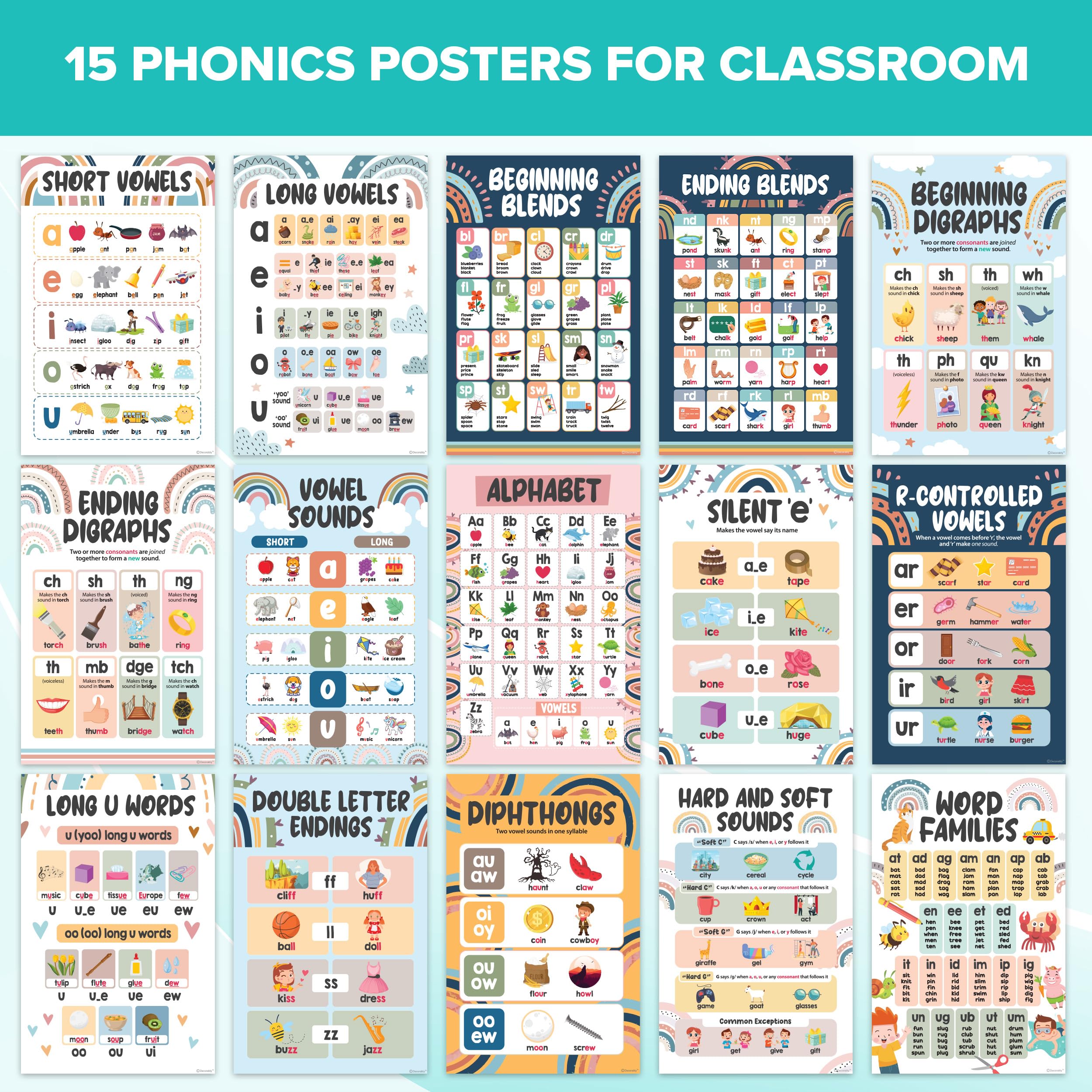 Mua Decorably 15 Boho Rainbow Phonics Posters for Classroom, 11x17in ...