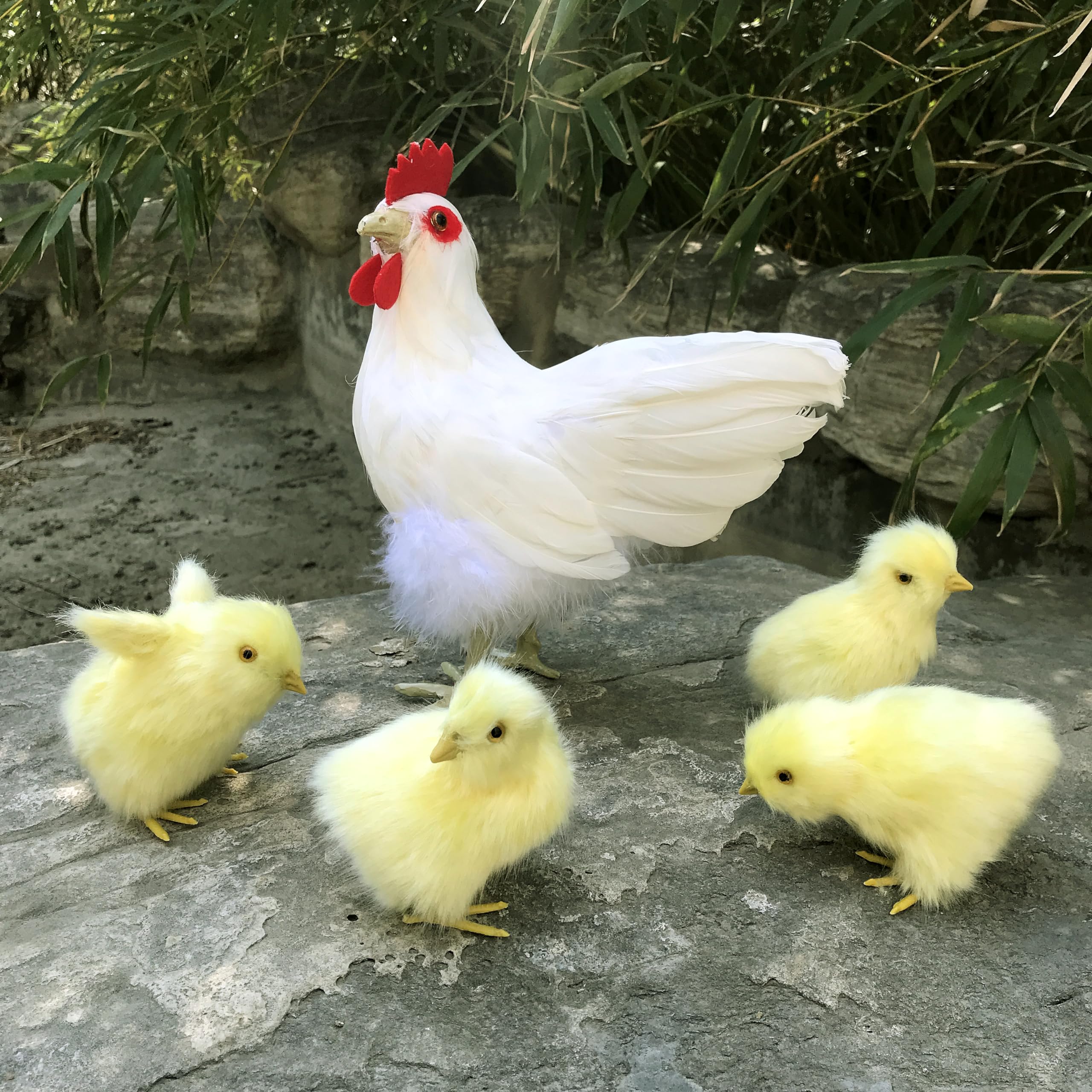 Realistic Small Feathered Hen with 4 Baby Chick Figurine Simulated ...