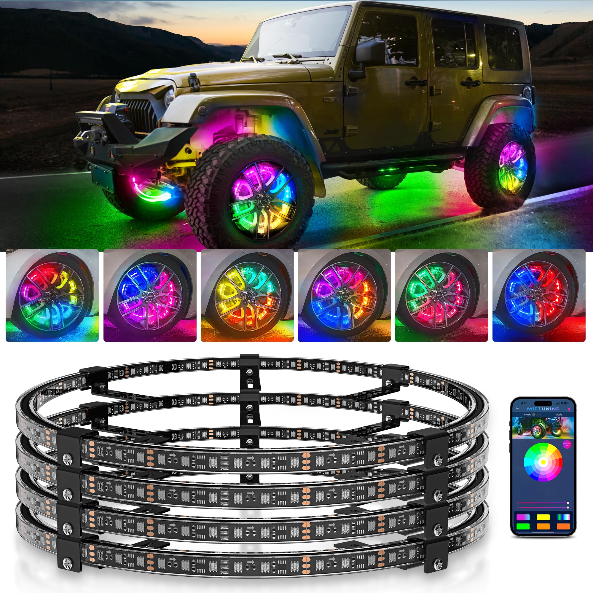 MICTUNING 17inch V1 RGB+IC Chasing Color Wheel Ring Lights Kit with APP ...
