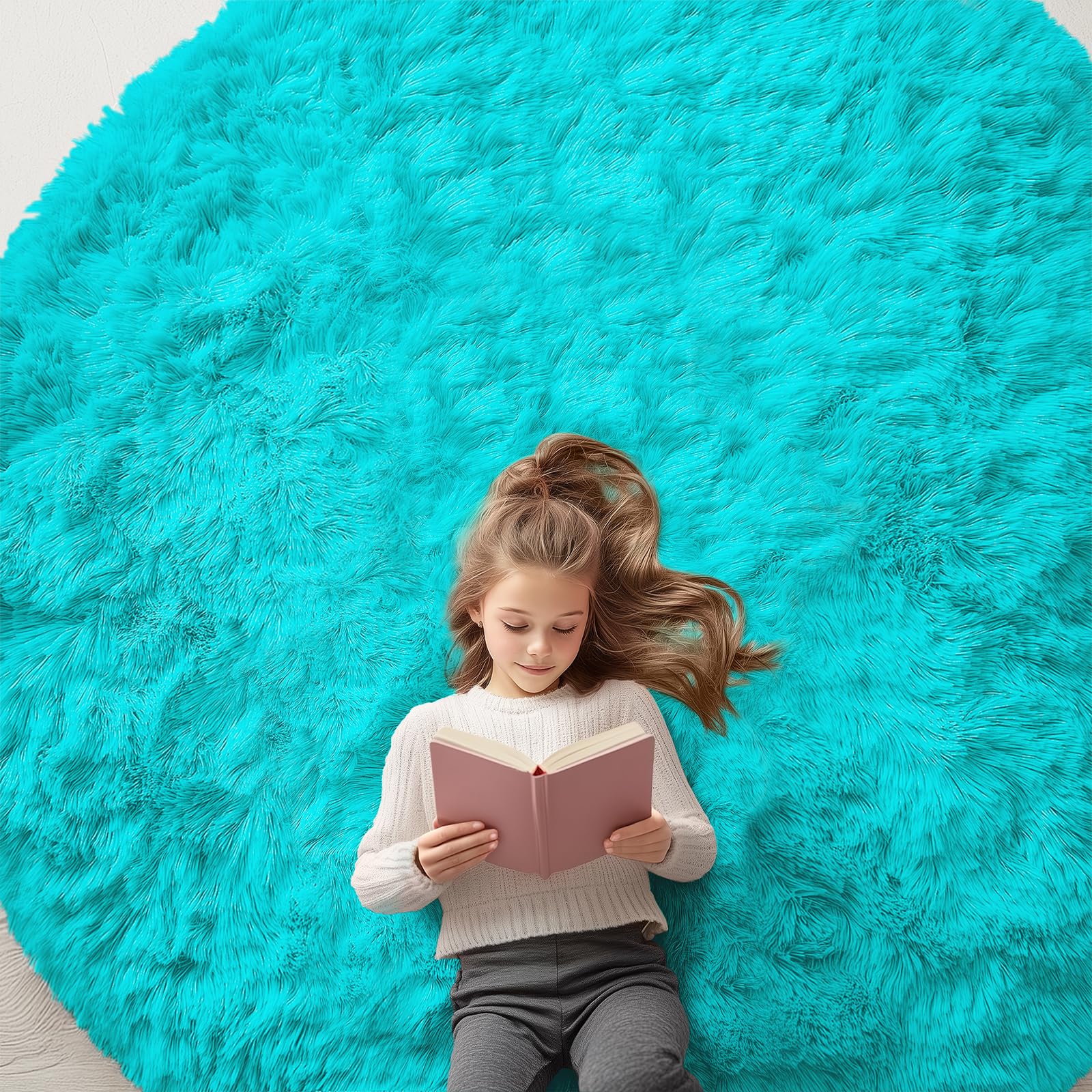 OLANLY Teal Blue Round Rugs for Bedroom - Machine Washable, 7x7 Feet ...