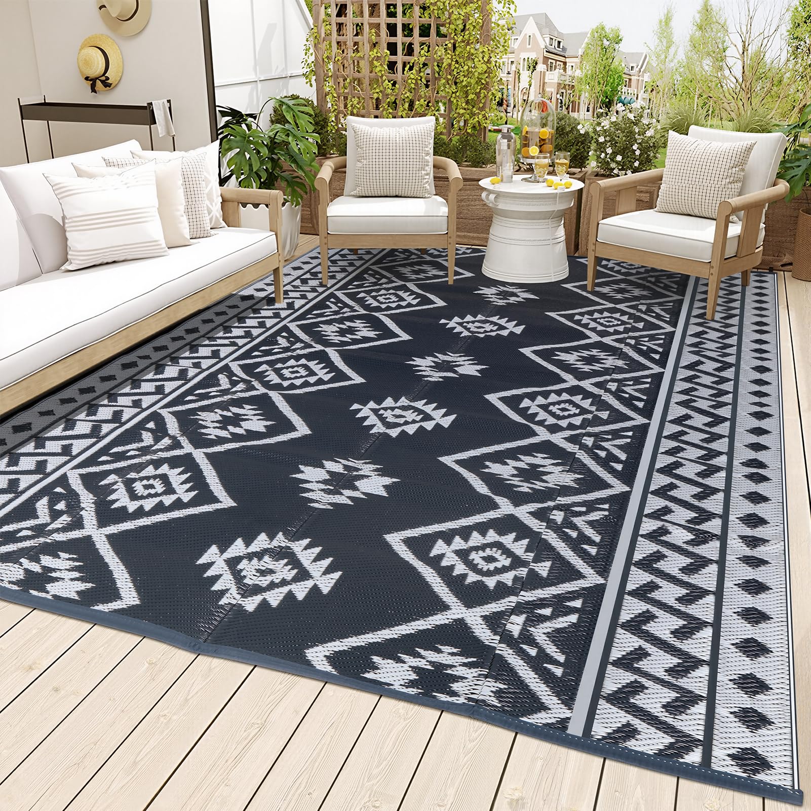LILIOFFIC Outdoor Rug 9x12 ft, Waterproof Outdoor Plastic Straw Rug for ...