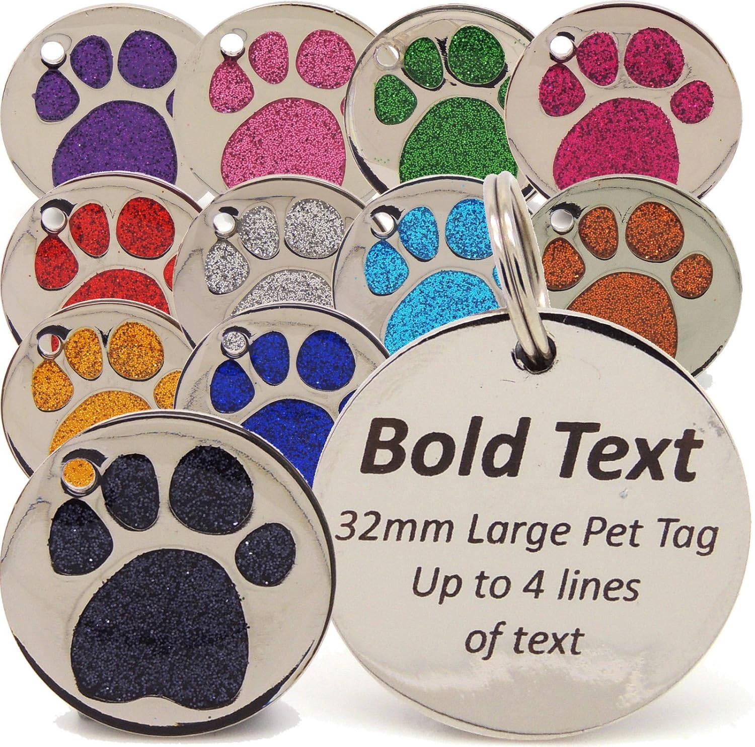 Personalised Engraved 32mm Glitter Paw Print Tag BOLD Contrasting Text ...