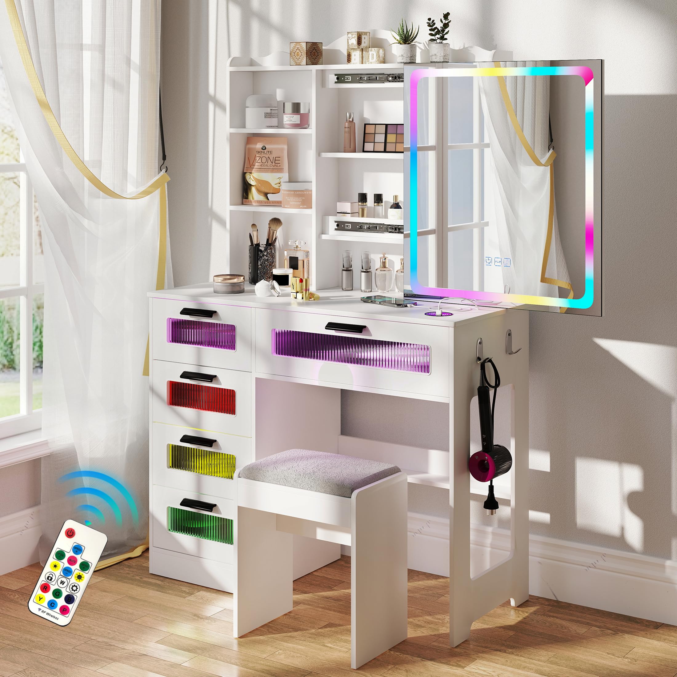 SumKea RGB LED Vanity Desk, Makeup Vanity Table with Mirror and Lights ...