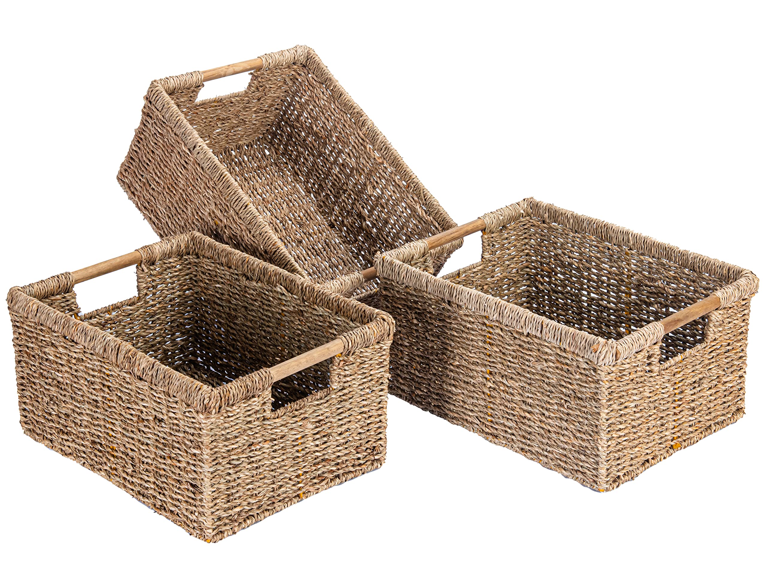 Large Wicker Basket Rectangular with Wooden Handles for Shelves ...