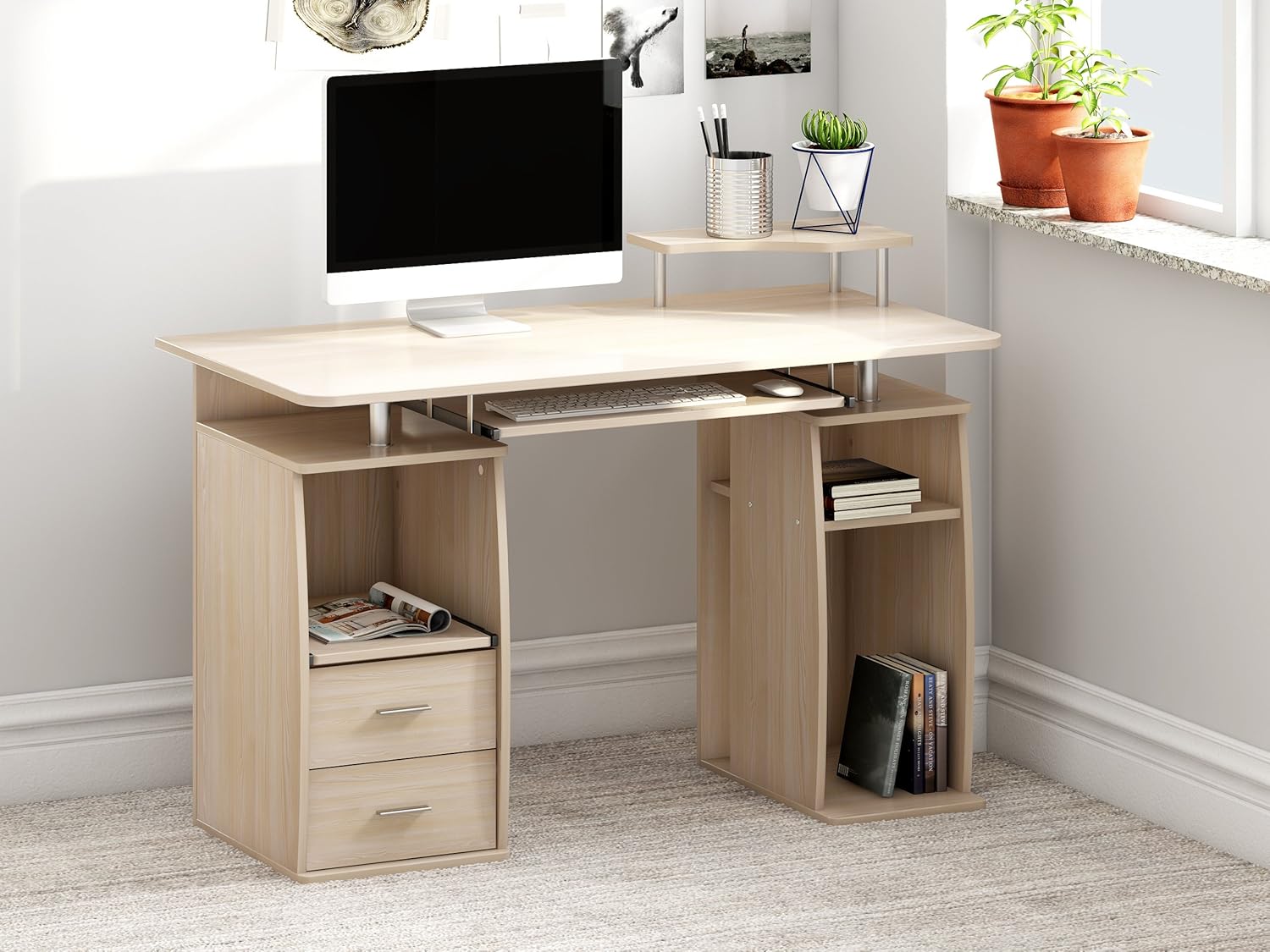 CherryTree Furniture Computer Desk with Cupboard Drawers and Keyboard ...
