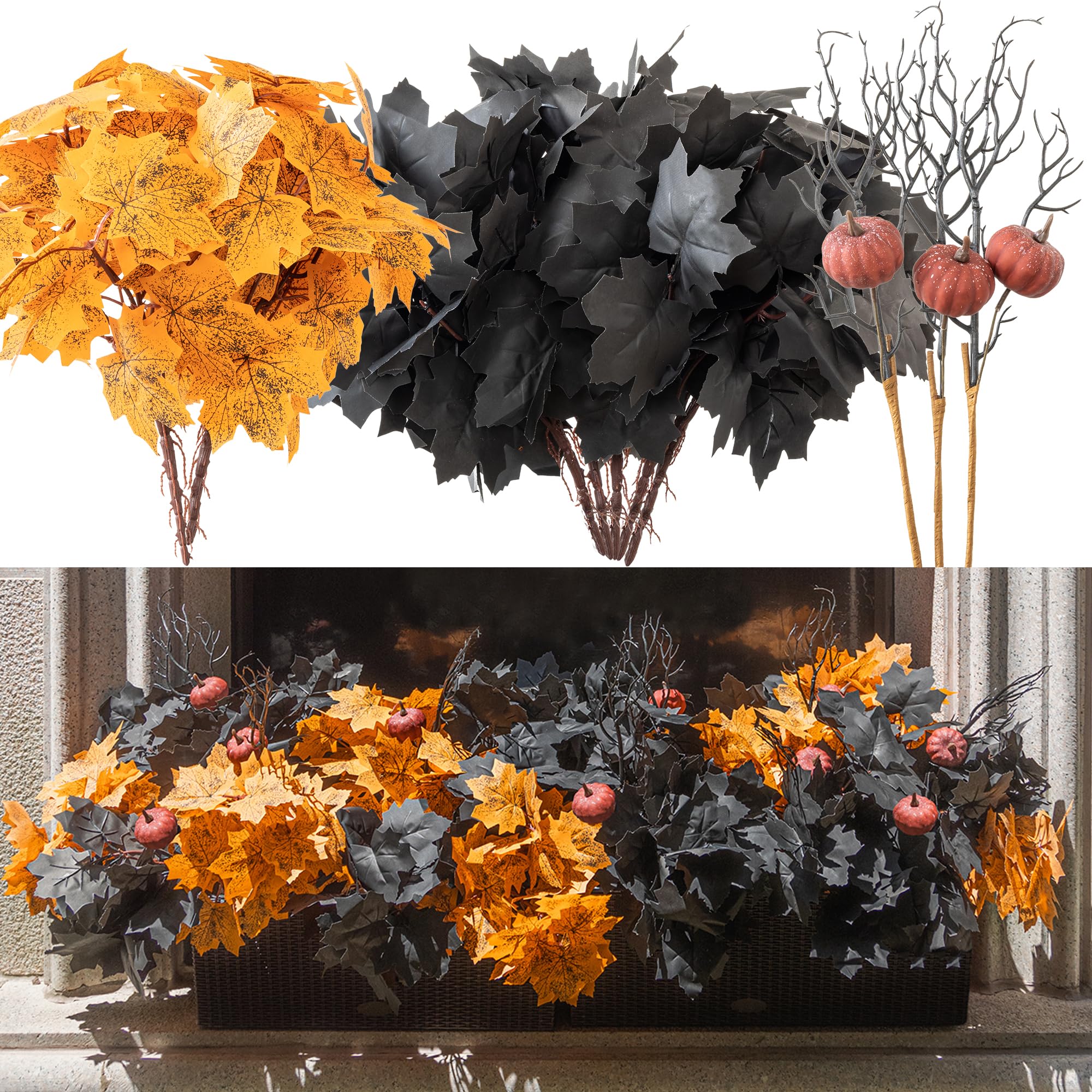 Clycaloor 10pcs Fake Plants Outdoor, Halloween Maple Pumpkin Branch ...