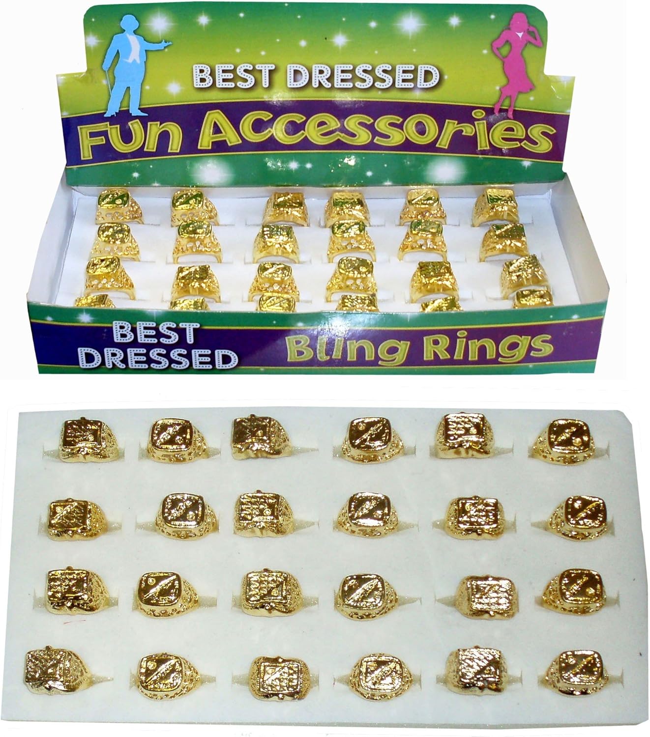 6 GOLD RING GANGSTER FANCY DRESS ACCESSORY PIMP 70'S COSTUME JEWELLERY ...