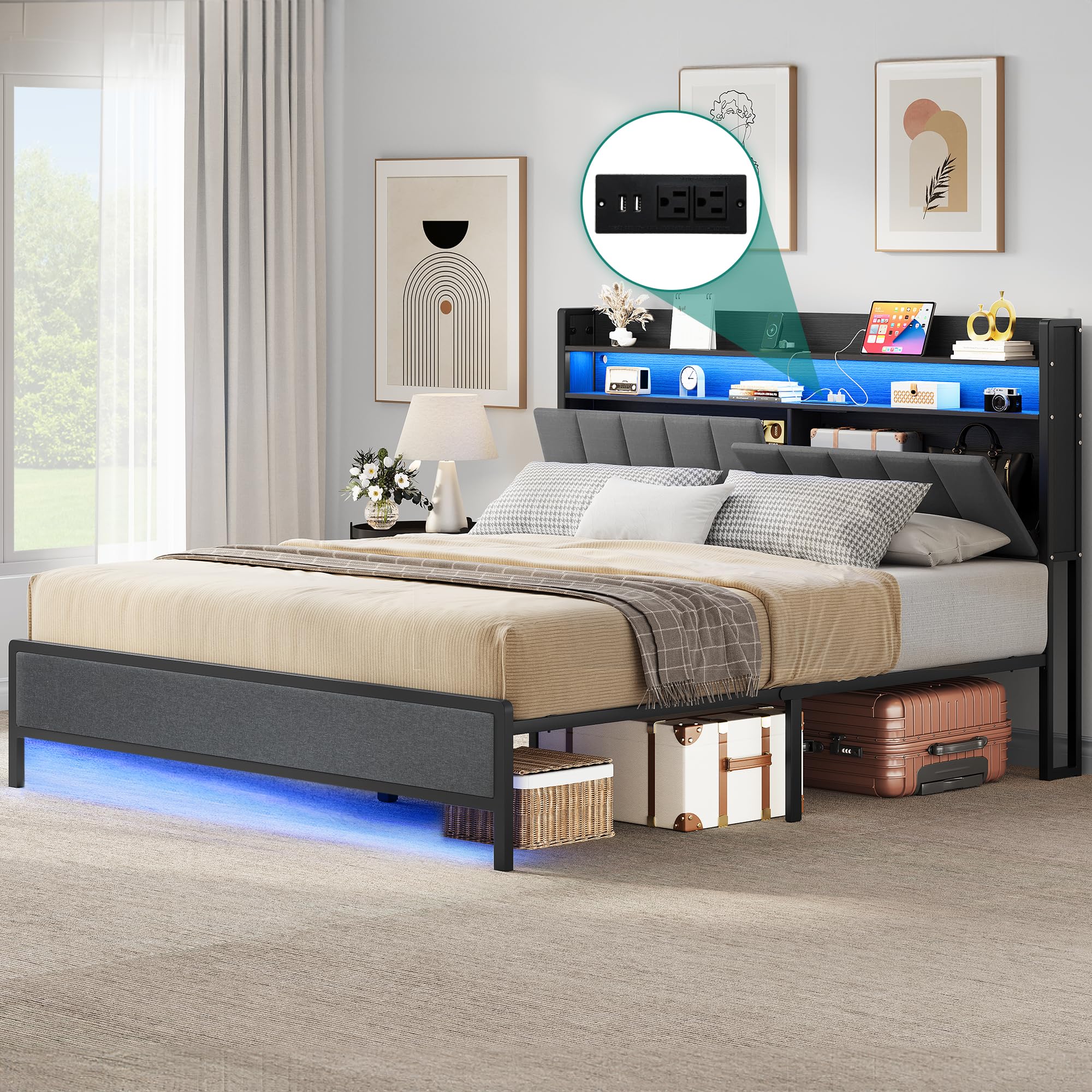 YITAHOME King Size Bed Frame, LED Bed Frame with Storage Headboard ...
