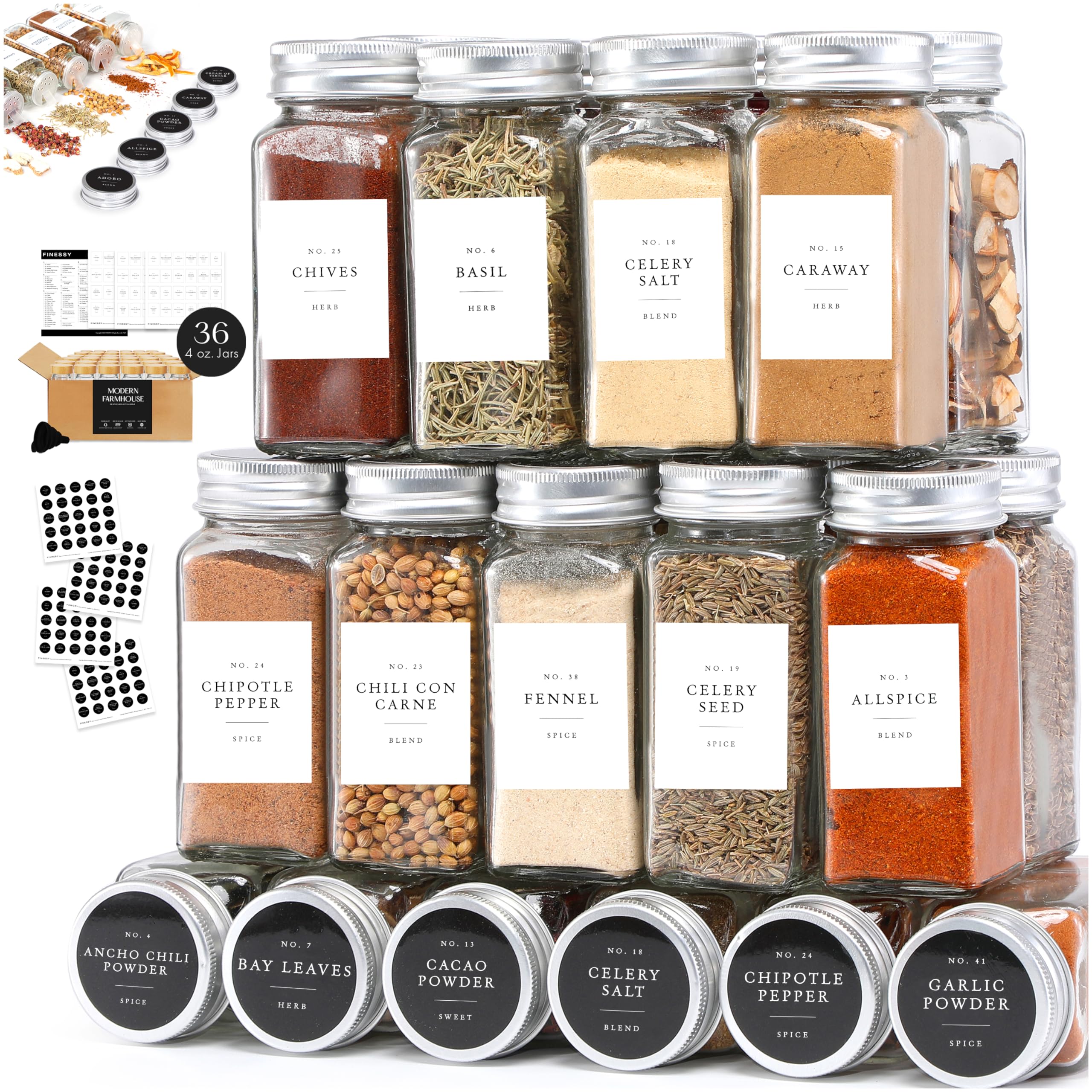 FINESSY 36 Pack Glass Spice Jars with Label Farmhouse Seasoning ...