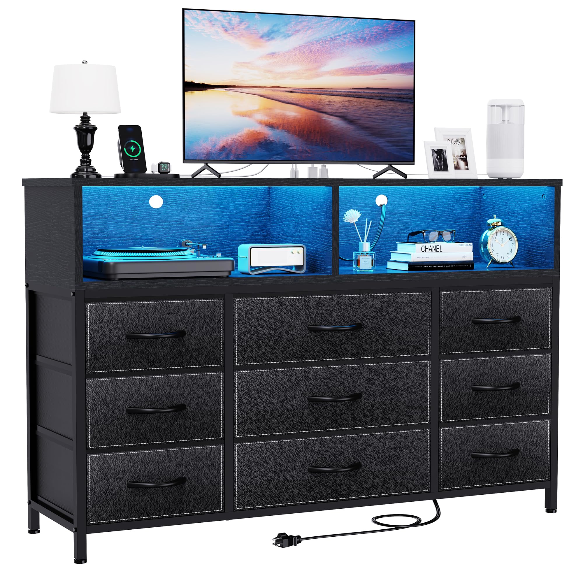 eiskah Black Dresser for Bedroom, 9 Drawers Led Dresser TV Stand with ...