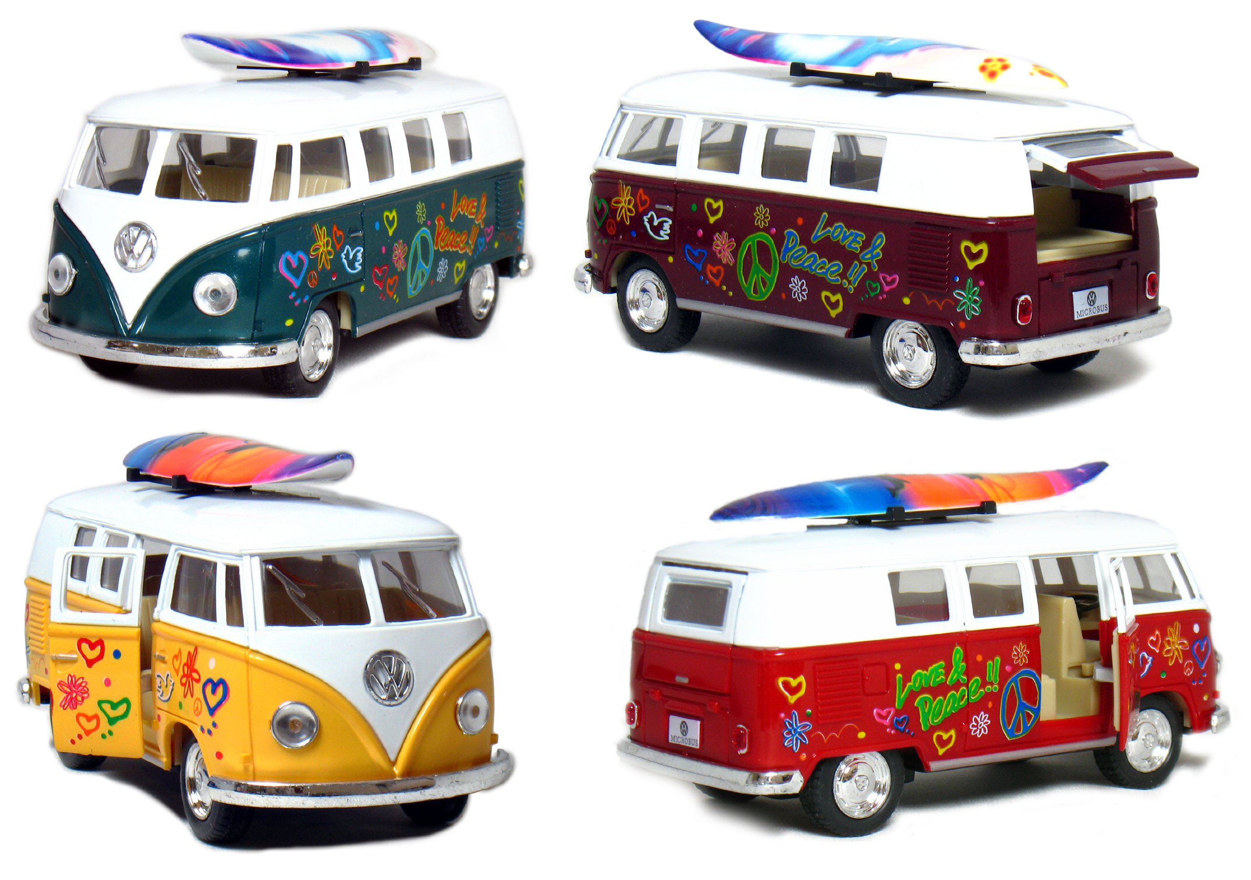KiNSMART 1962 Volkswagen Classic Bus Set Of 4 With Surfboard and Hippy ...