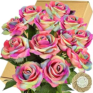FiveSeasonStuff Fake Roses Wedding Flowers Real Touch Silk Rainbow ...